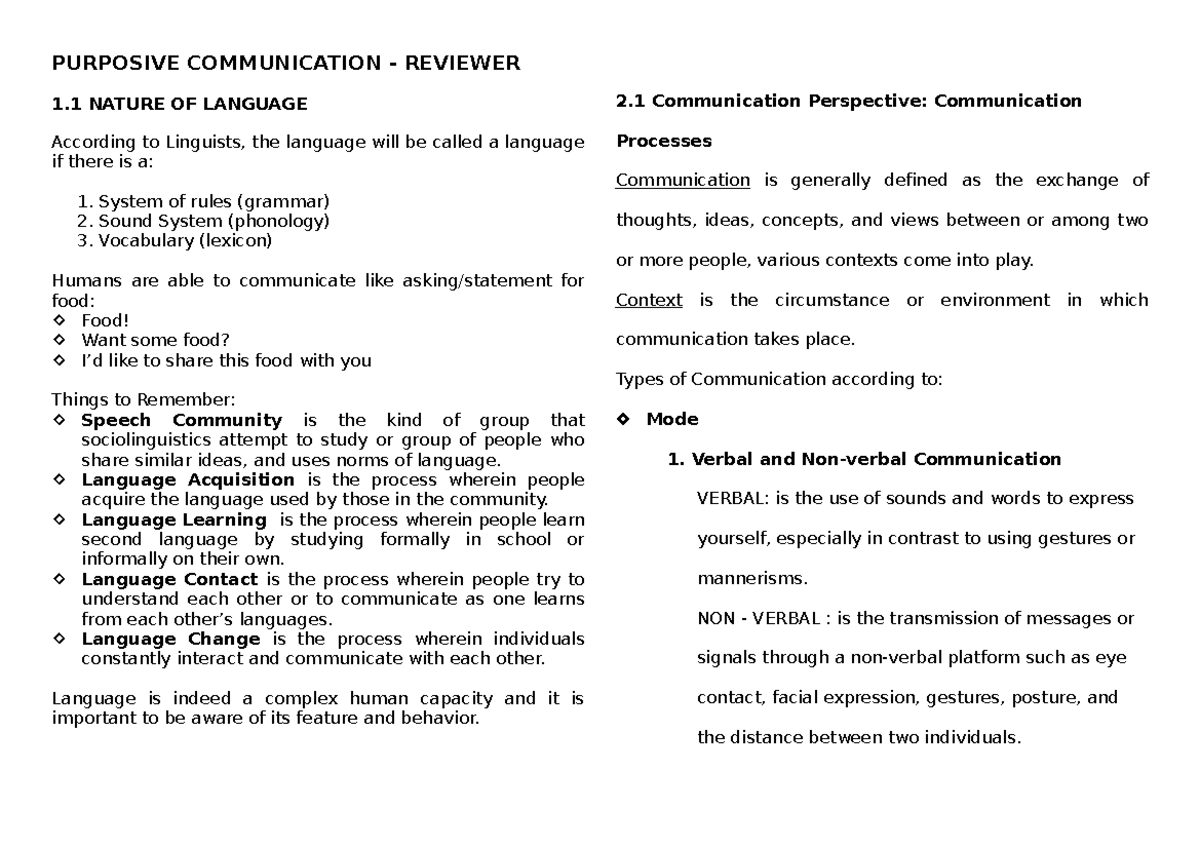 Purposive Communication - PURPOSIVE COMMUNICATION - REVIEWER 1 NATURE ...