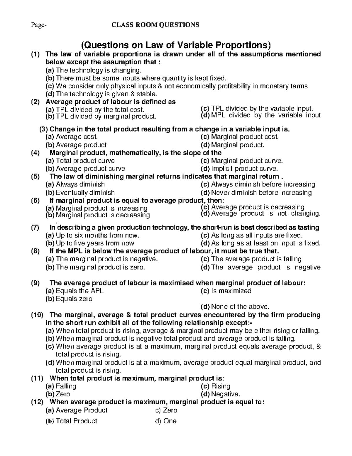Law Of Variable Prop Pdf Questions On Law Of Variable Proportions 1 The Law Of Variable 
