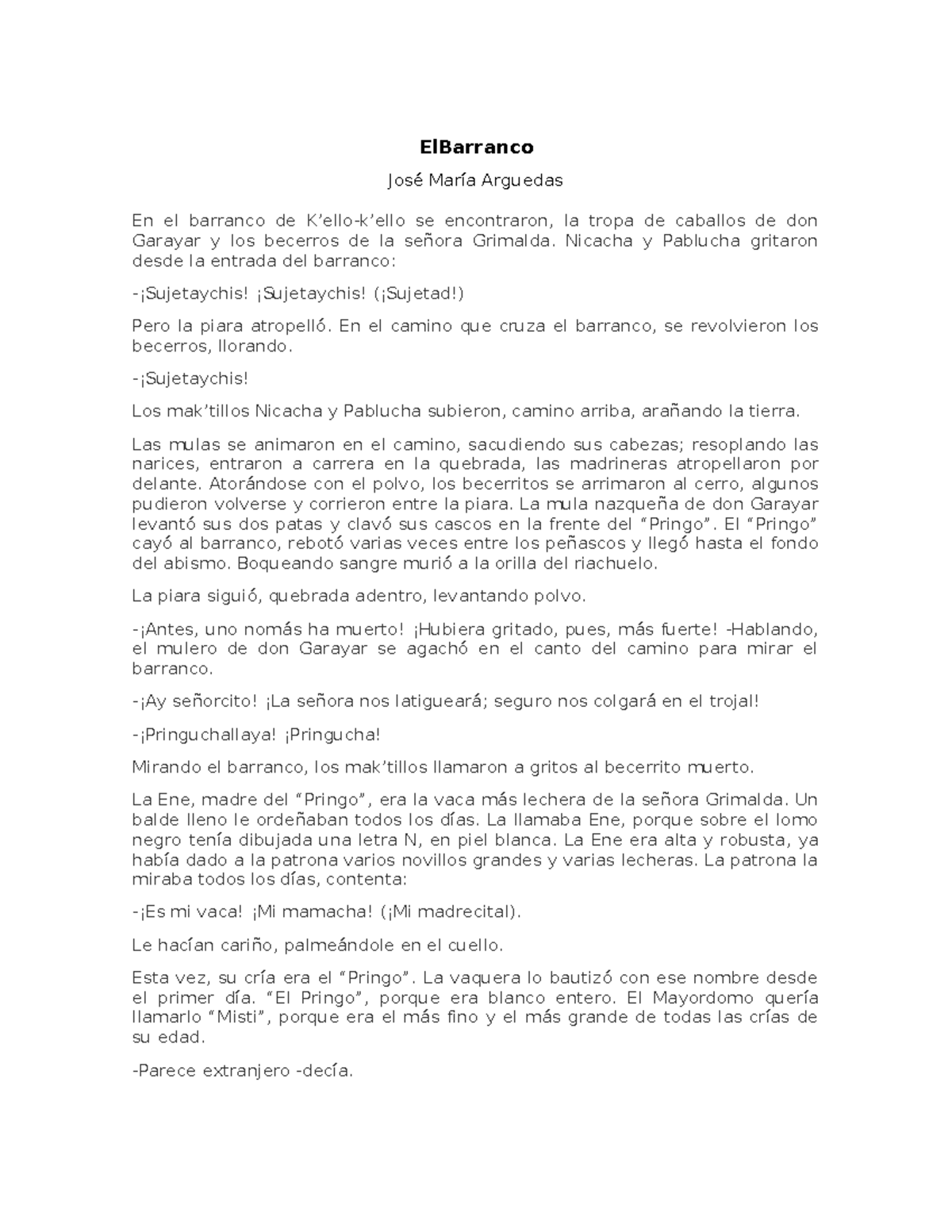 El Barranco - Lectura - ElBarranco José María Arguedas En el barranco ...