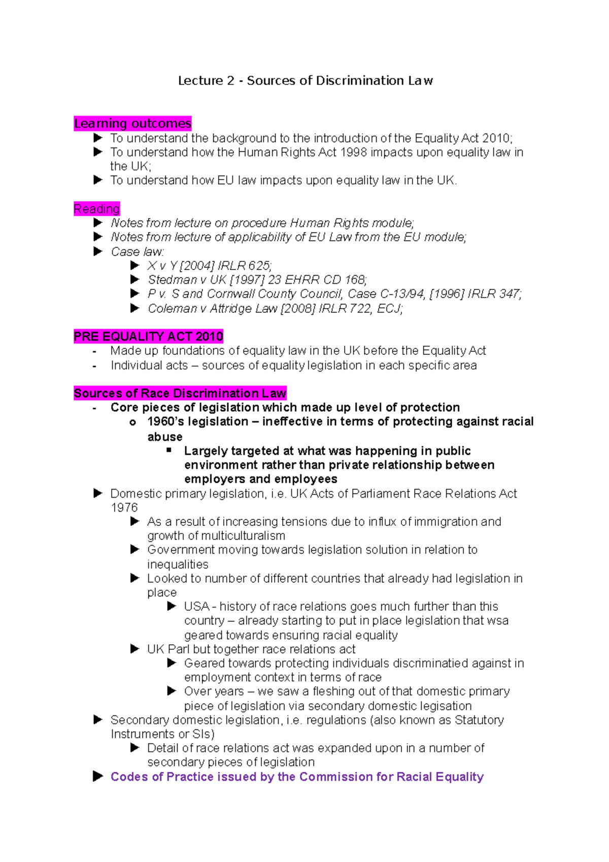 Sources of Discrimination Law Lecture 3 - Lecture 2 - Sources of ...
