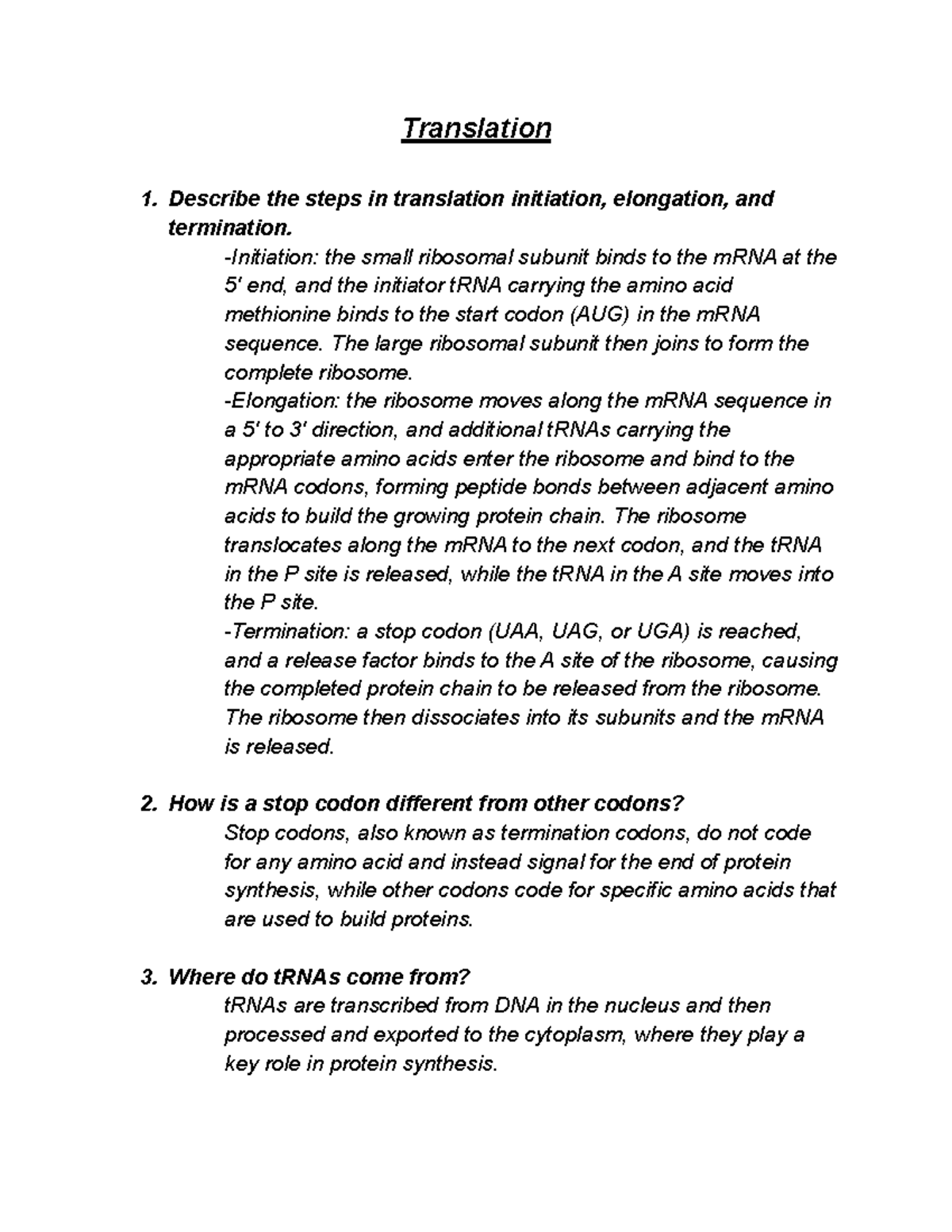 Bio 172 Unit 2 Concept Questions - Translation Describe the steps in ...
