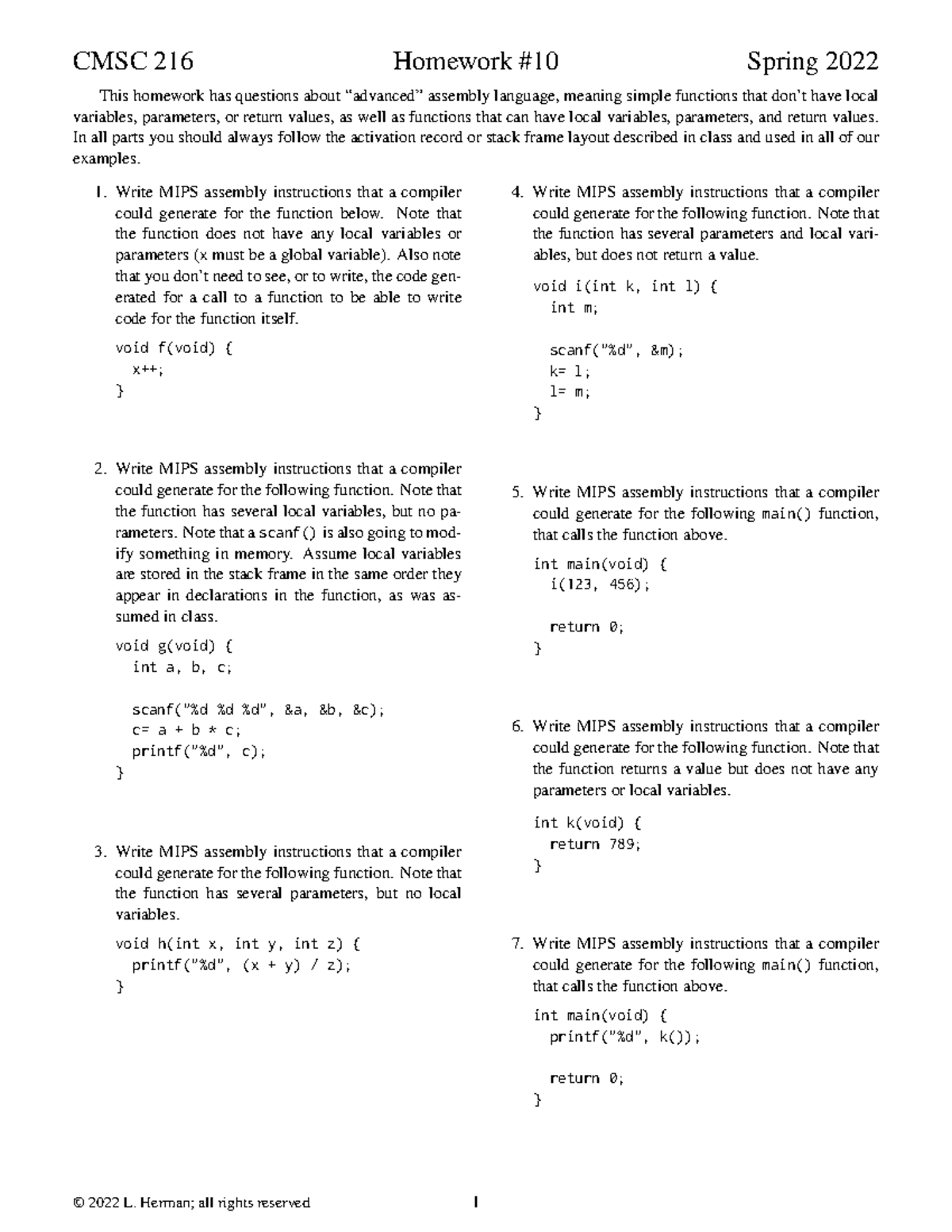 Assembly q - N/A - CMSC 216 Homework #10 Spring 2022 This homework has questions about “advanced ...