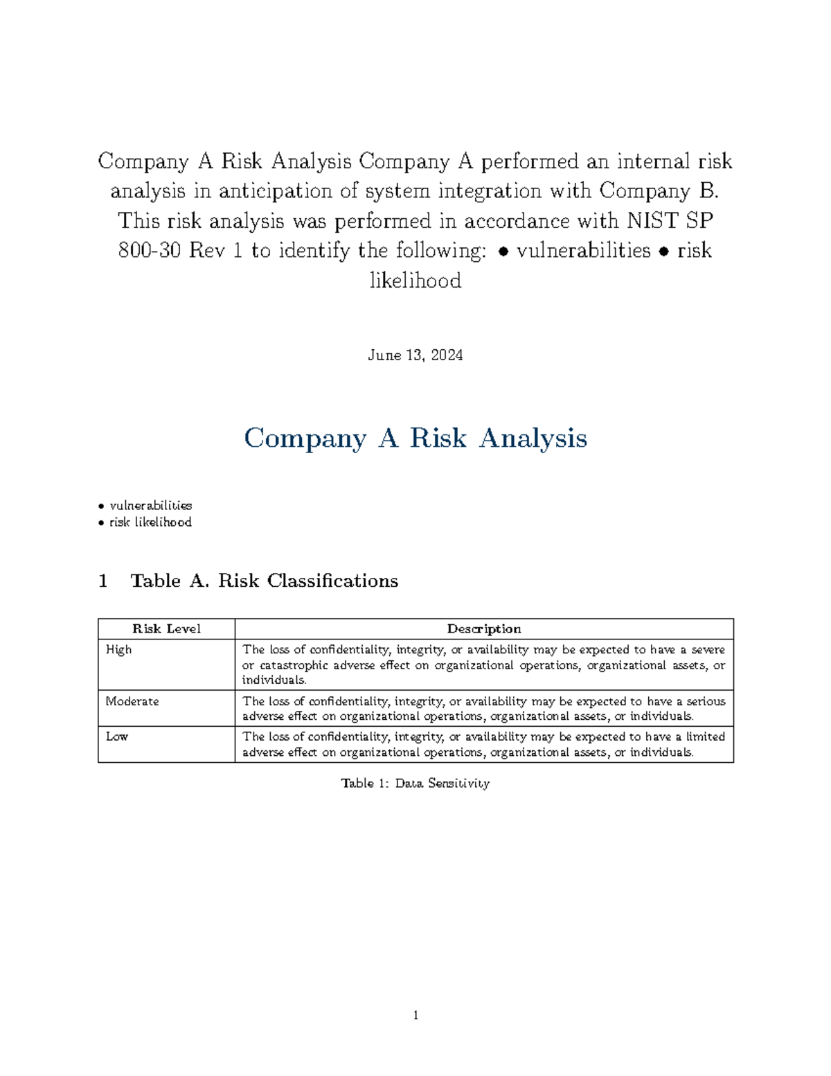Company A Risk Analysis - This risk analysis was performed in ...