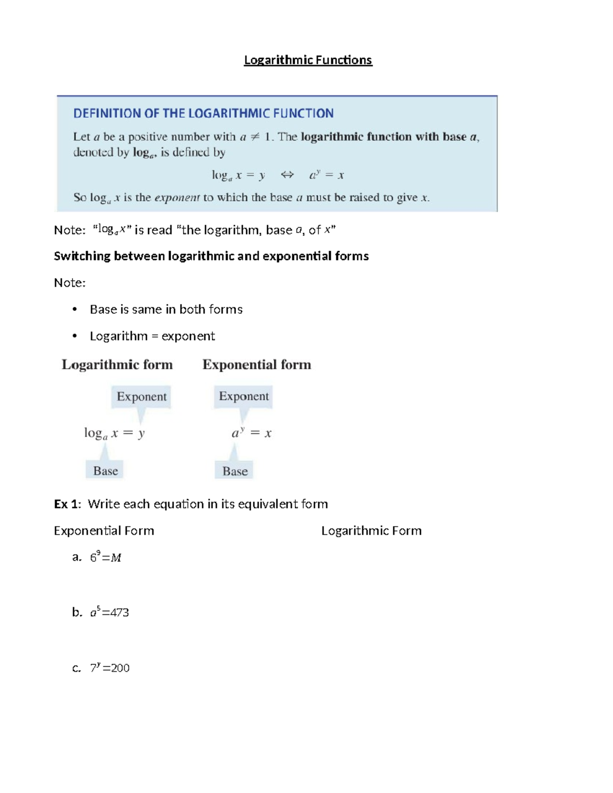 125 Review Logarithmic Functions - Logarithmic Functions Note: “log a x ...