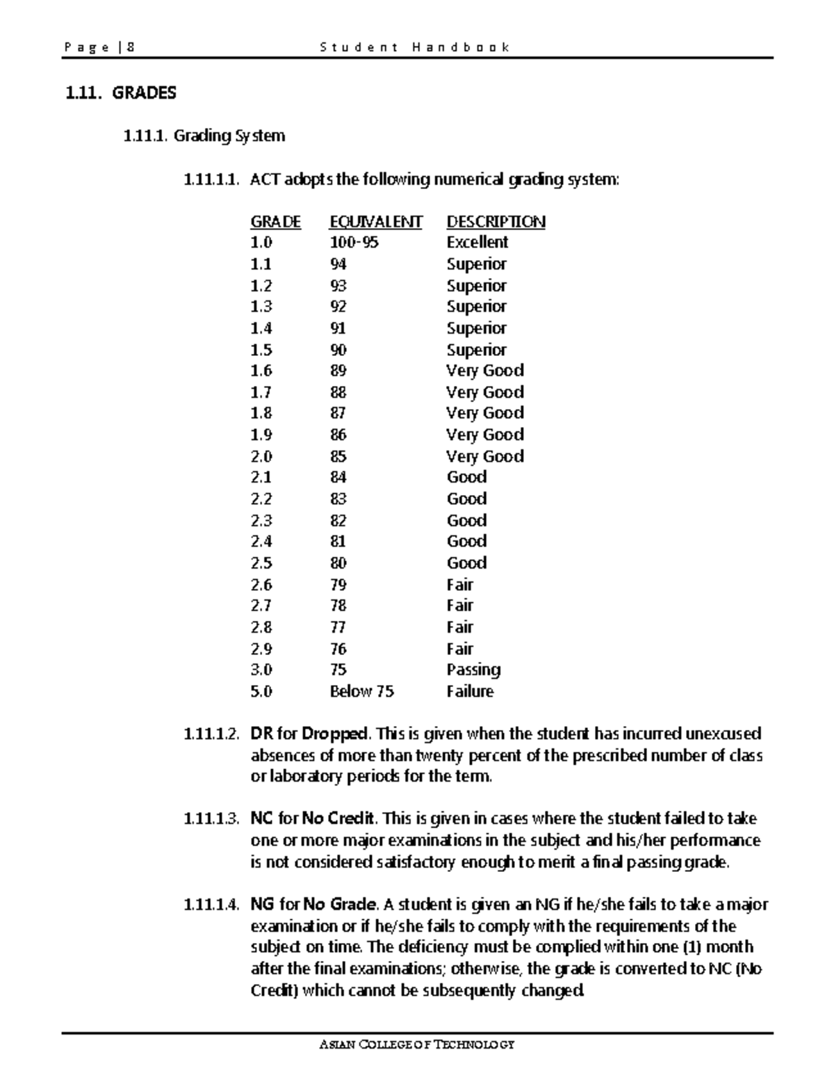 Grading-system-ACT - nice - P a g e | 8 S t u d e n t H a n d b o o k 1 ...