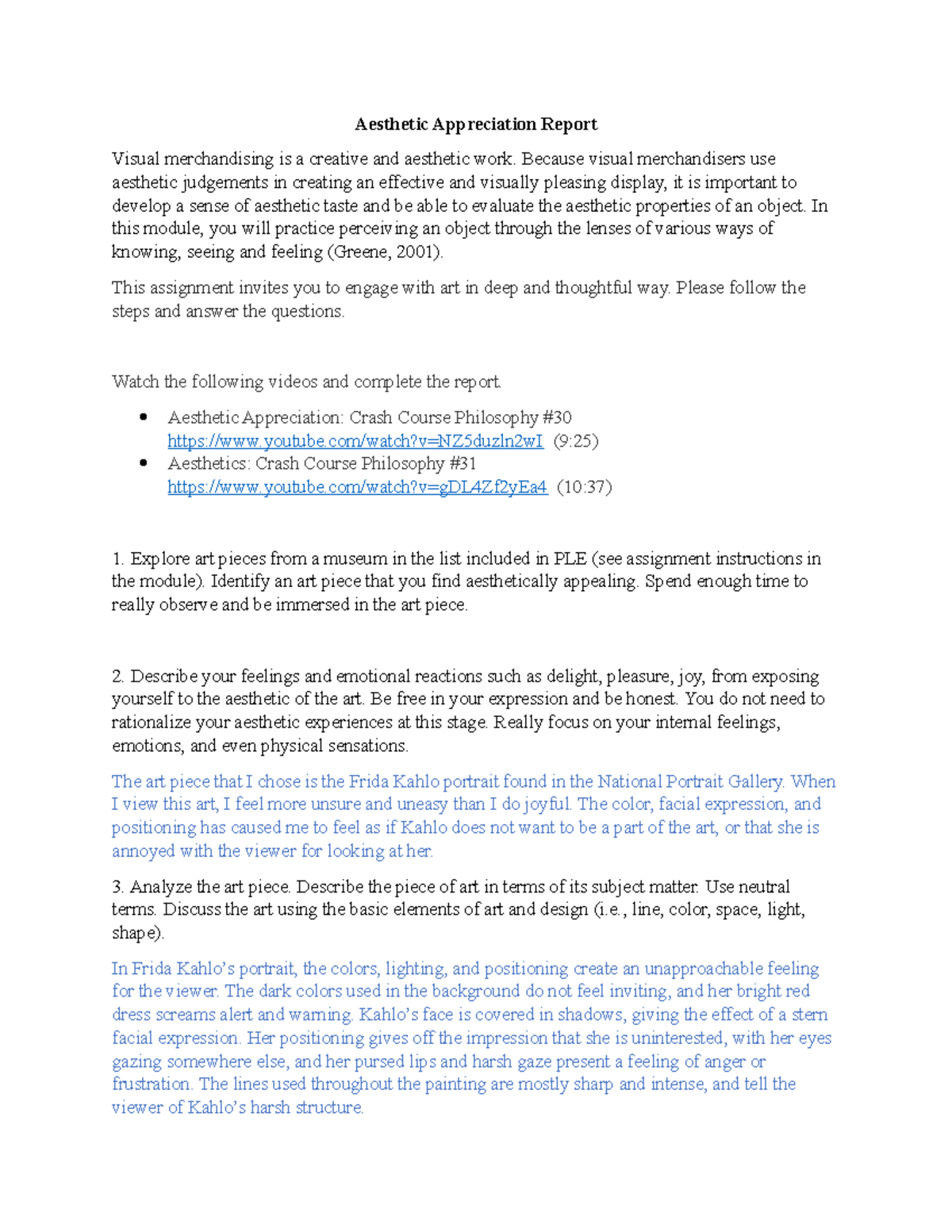 Aesthetic Appreciation Report: Analyzing Frida Kahlo Portrait - Studocu