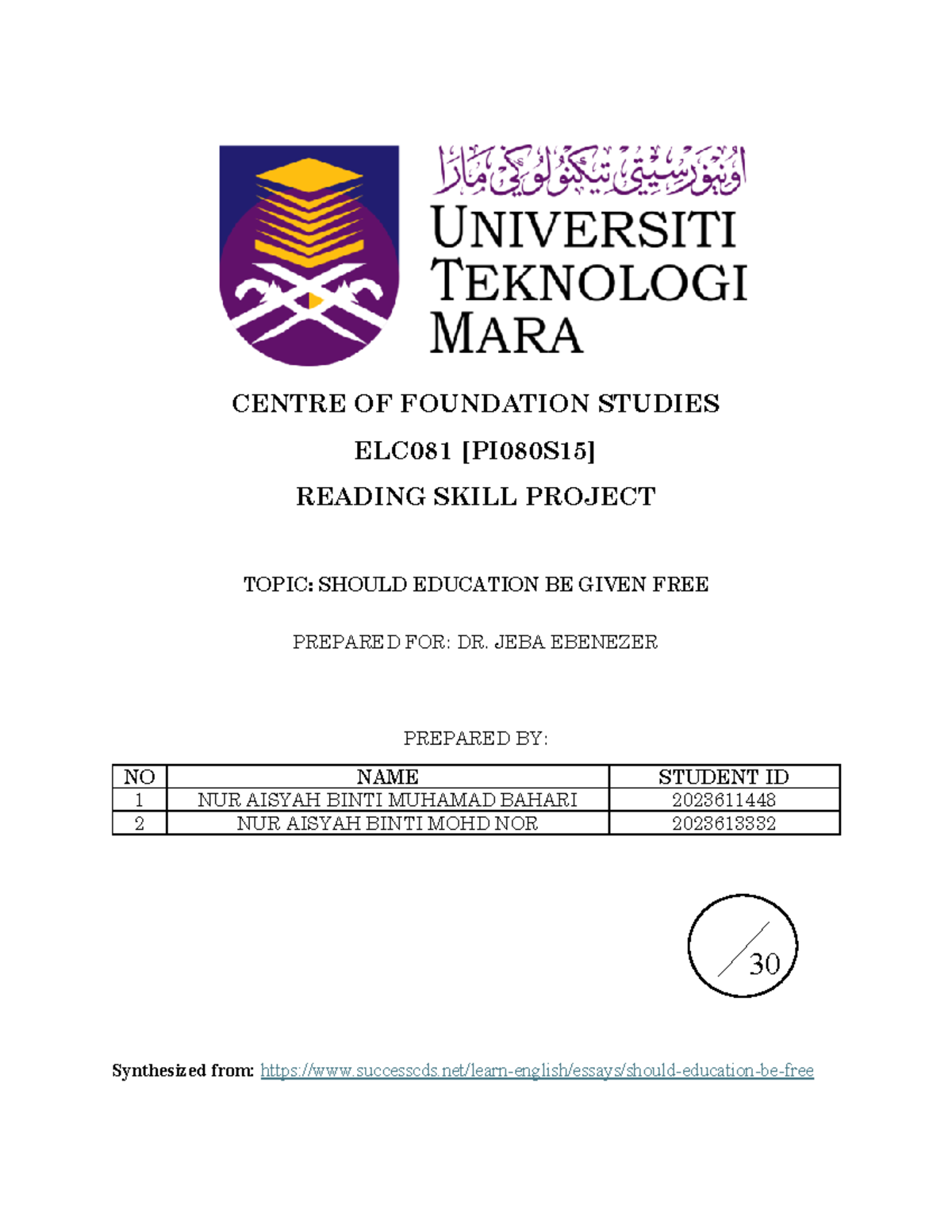 Reading Skills Project - CENTRE OF FOUNDATION STUDIES ELC081 [PI080S15 ...