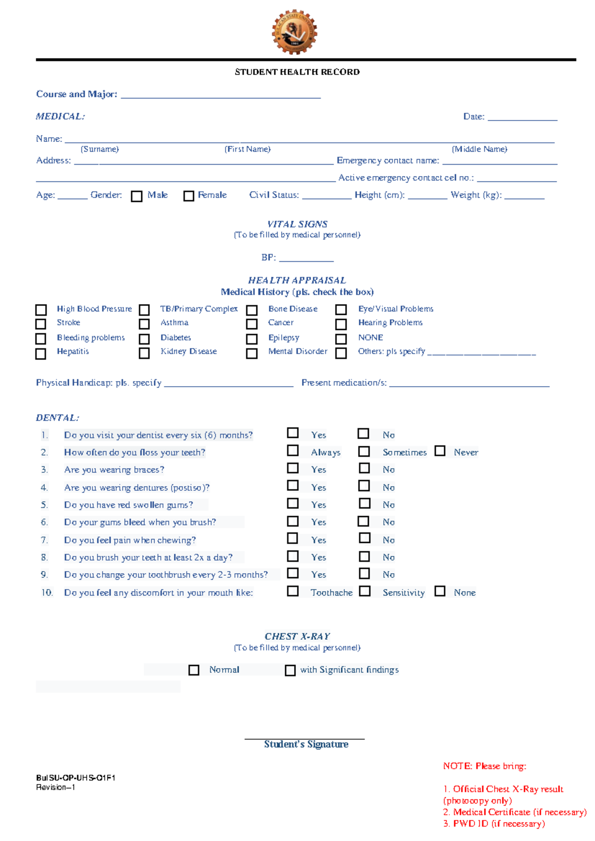 Student Health Assessment FORM For Printing - BulSU-OP-UHS-O1F Revision ...