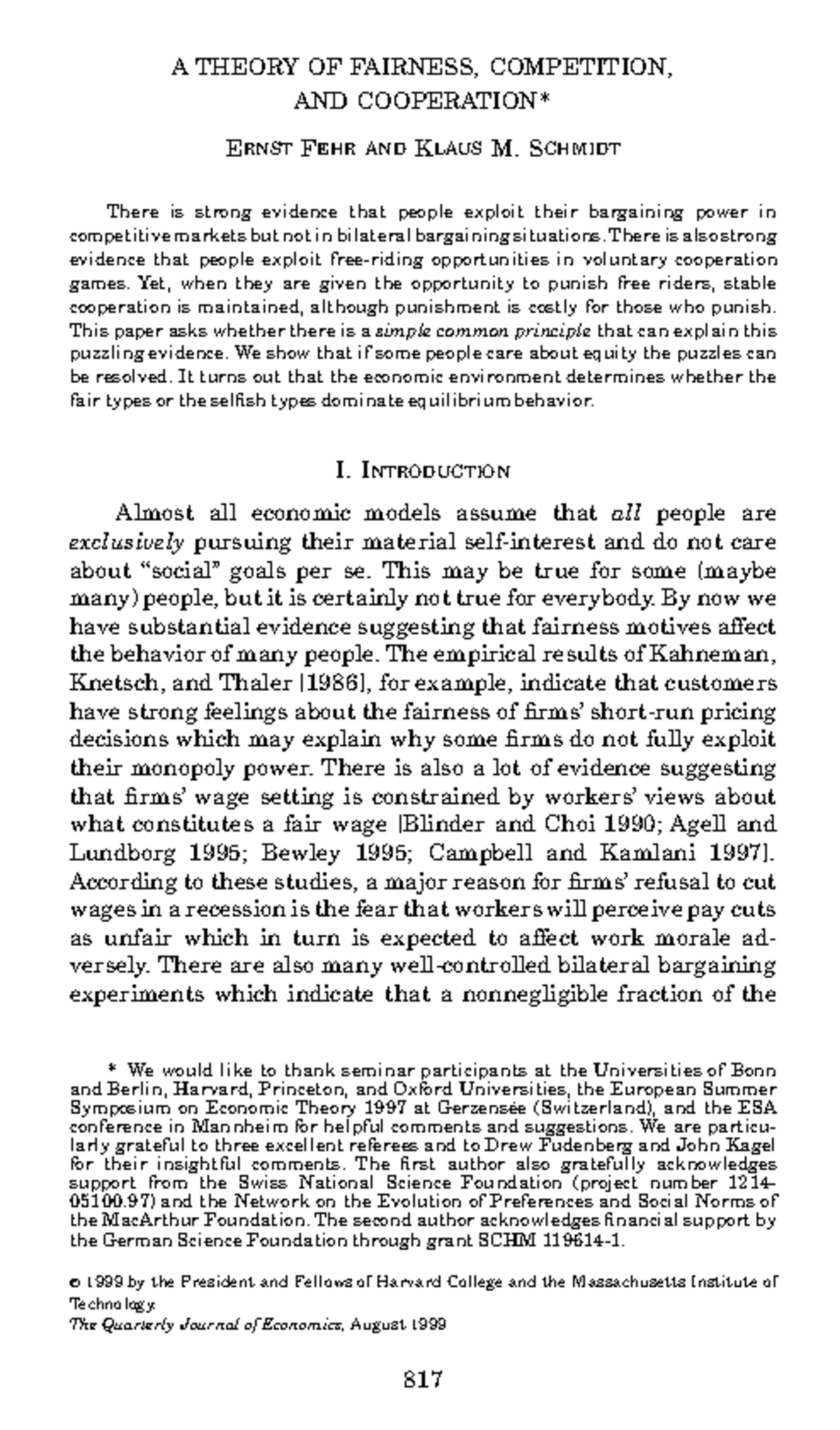 Fehr-Schmidt - verplicht artikel Frey-Schmidt voor de midterm - A ...