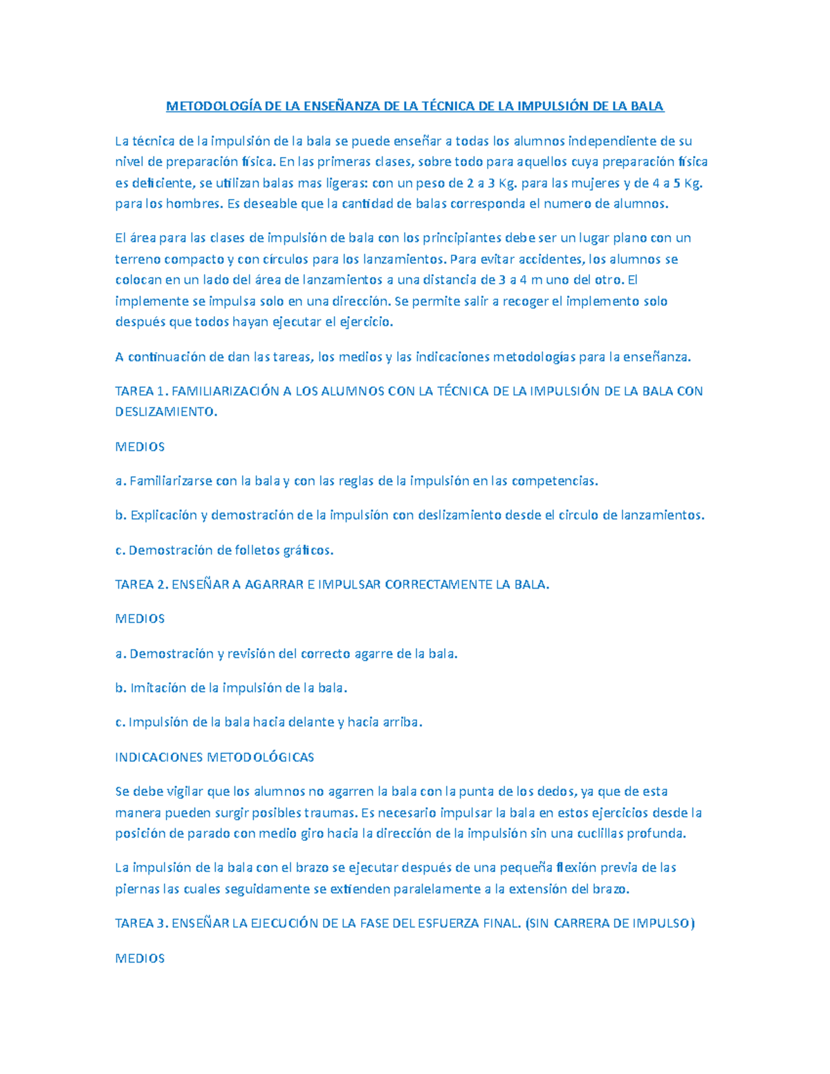 Folleto DE Impulsion DE LA BALA - METODOLOGÍA DE LA ENSEÑANZA DE LA ...
