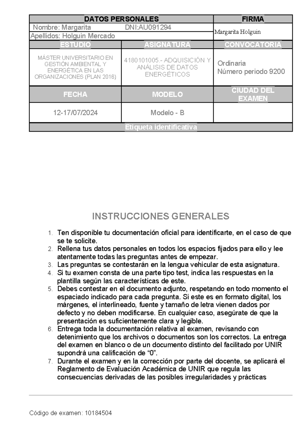 Examen AAD 1 para el uso de energias renovables - DATOS PERSONALES ...