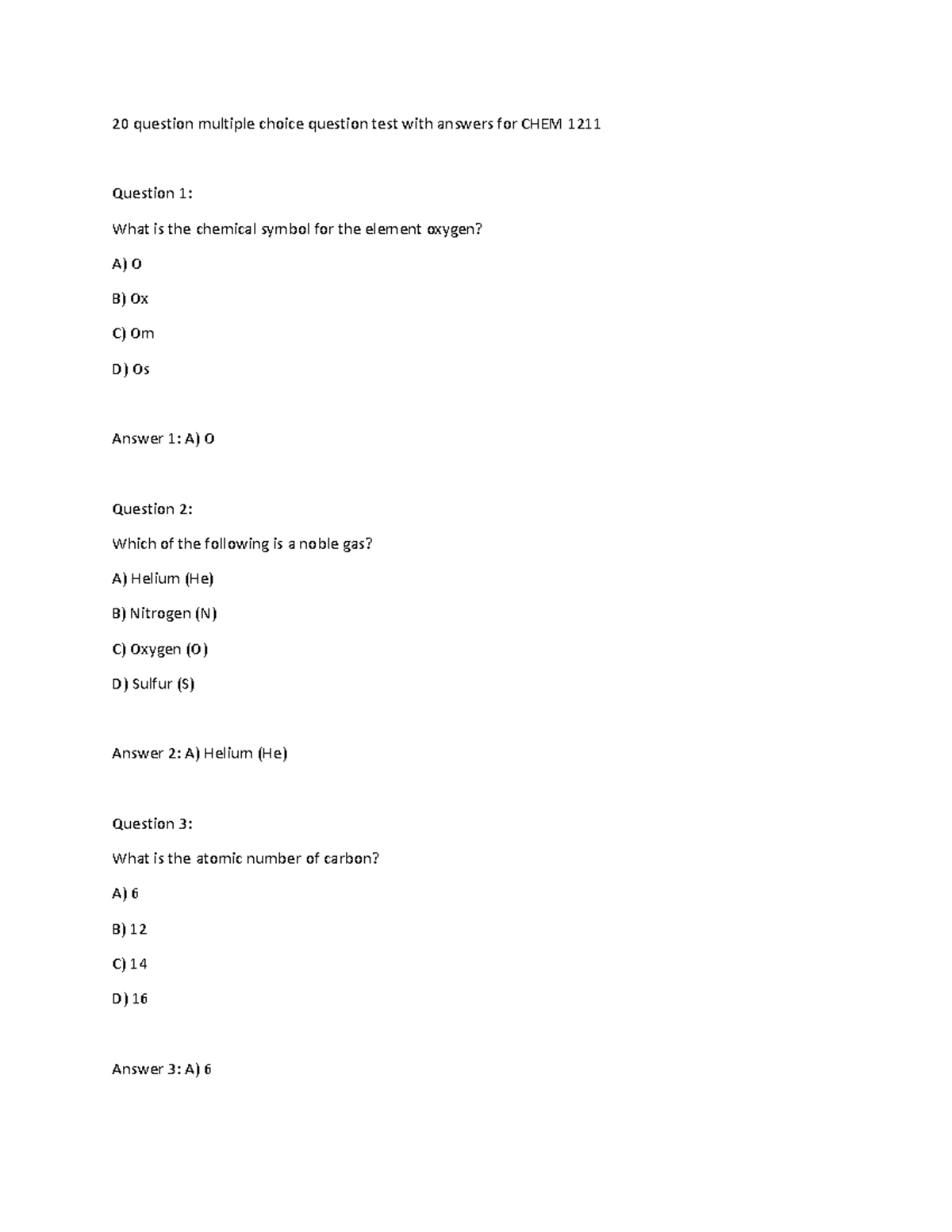 CHEM 1211 - Multiple choice quiz - 20 question multiple choice question ...