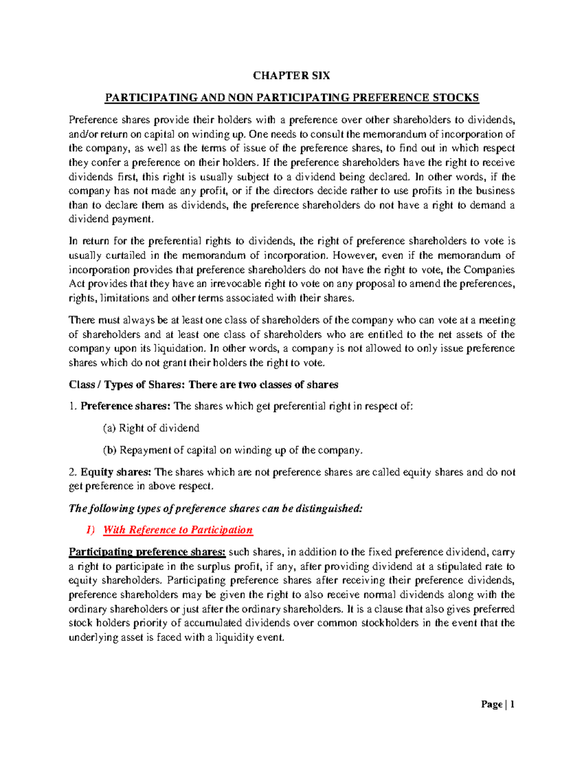 Chapter Six Participating preference and Non- participating shares ...