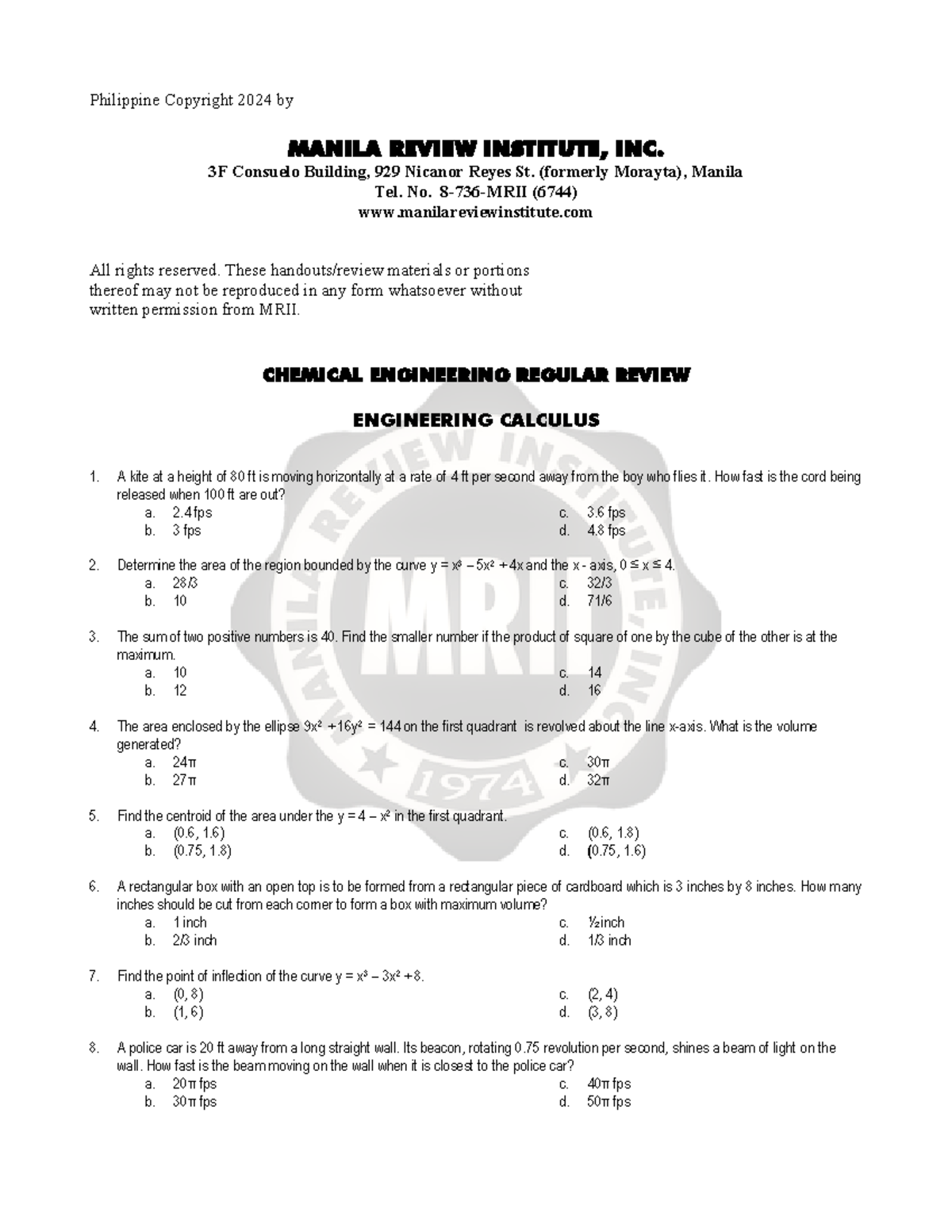 Engineering-Calculus-Handout - Philippine Copyright 202 4 by MANILA ...