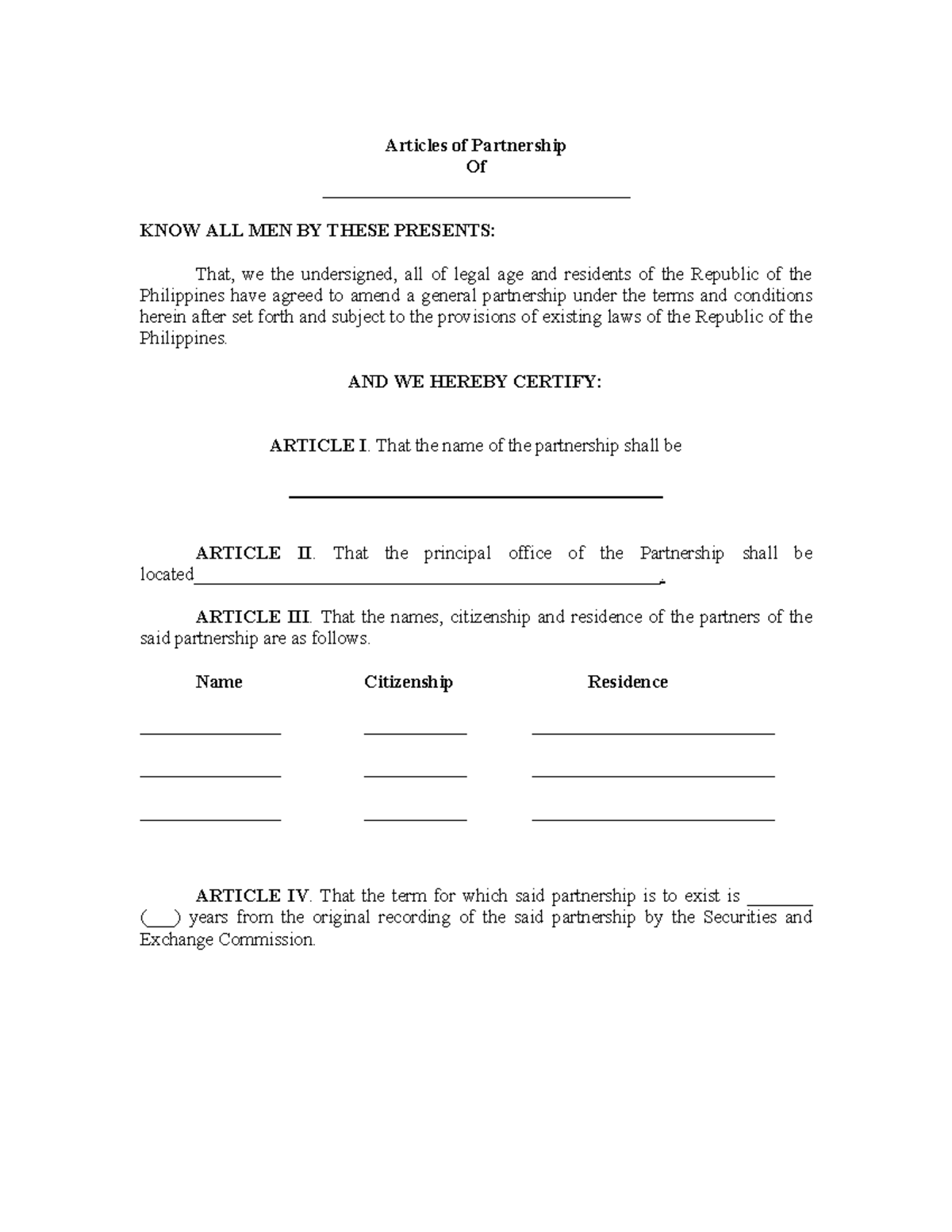 SEC- Articles of Partnership - Sample Only - Articles of Partnership Of ...