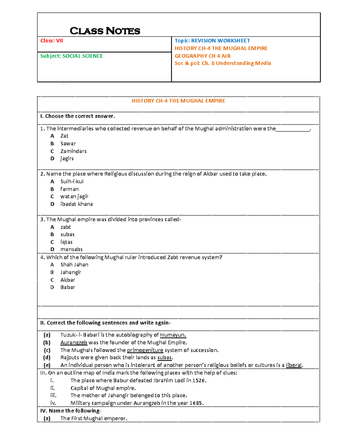 7-SSC - stock - Class Notes Class: VII Topic: REVISION WORKSHEET ...