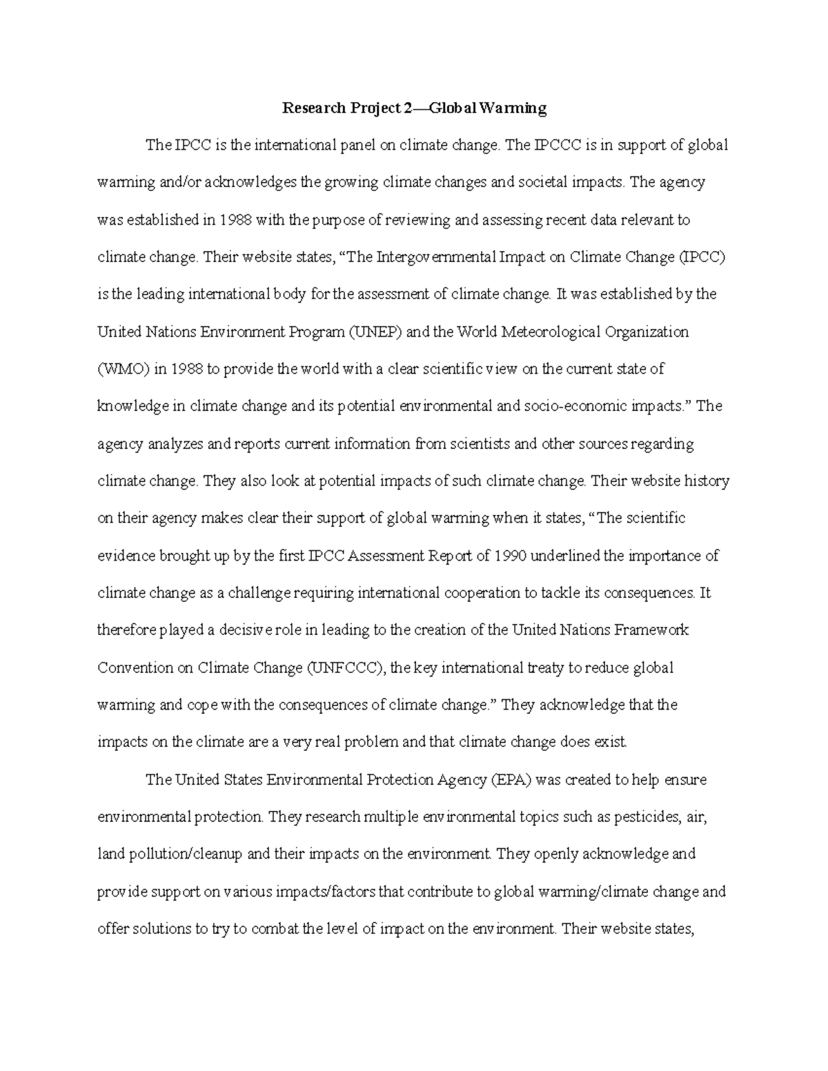 Research Project 2—Global Warming - The IPCCC is in support of global ...