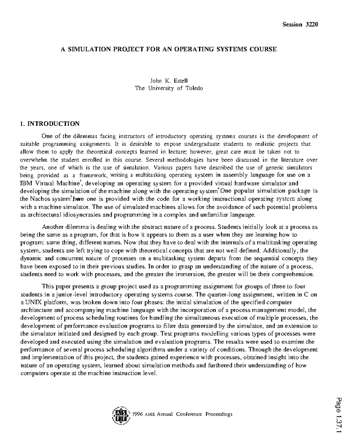 A simulation project for an operating systems course - Session 3220 A SIMULATION PROJECT FOR AN ...