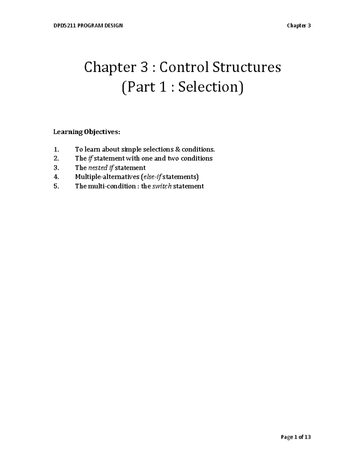 Chapter 3 Part 1 - Note - Chapter 3 : Control Structures (Part 1 : Selection) Learning ...