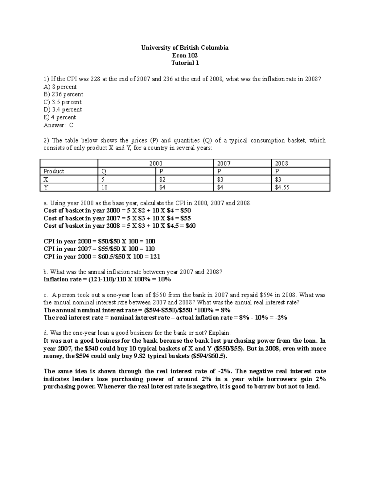 Tutorial 1 Answers - University of British Columbia Econ 102 Tutorial 1 ...
