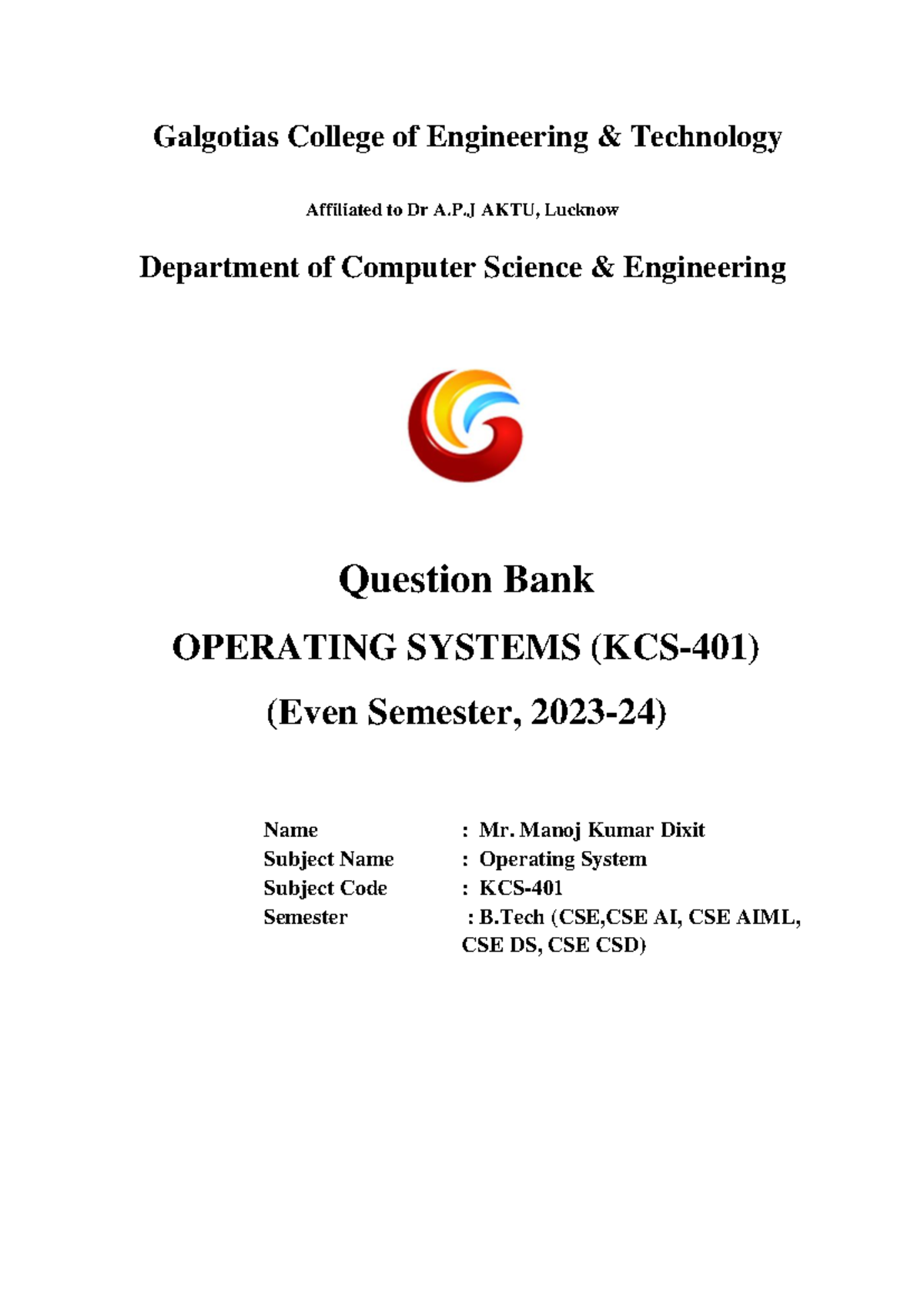 KCS-401 CSE Question Bank - Galgotias College of Engineering & Technology Affiliated to Dr A.P ...