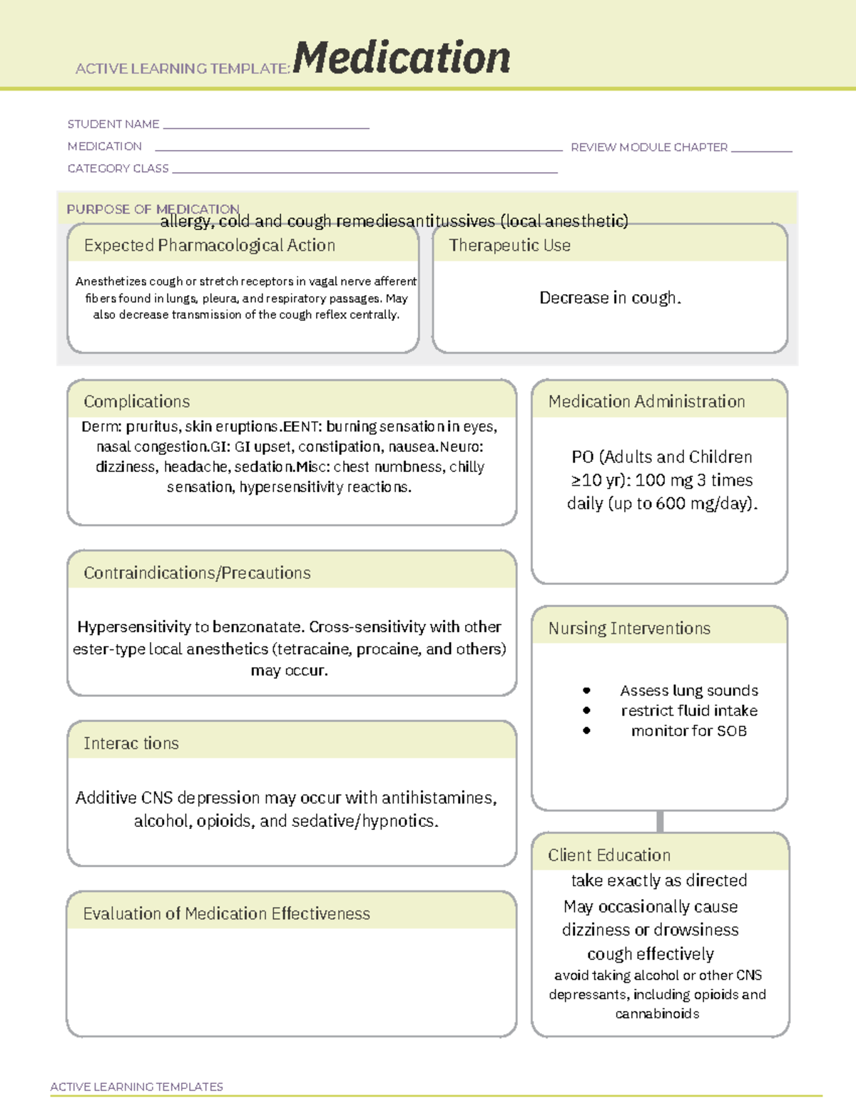 Benzonatate - ACTIVE LEARNING TEMPLATES STUDENT NAME