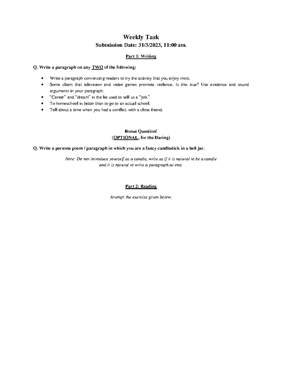 Weekly Task - Weekly Task Submission Date: 31/3/2023, 11:00 am. Part 1 ...