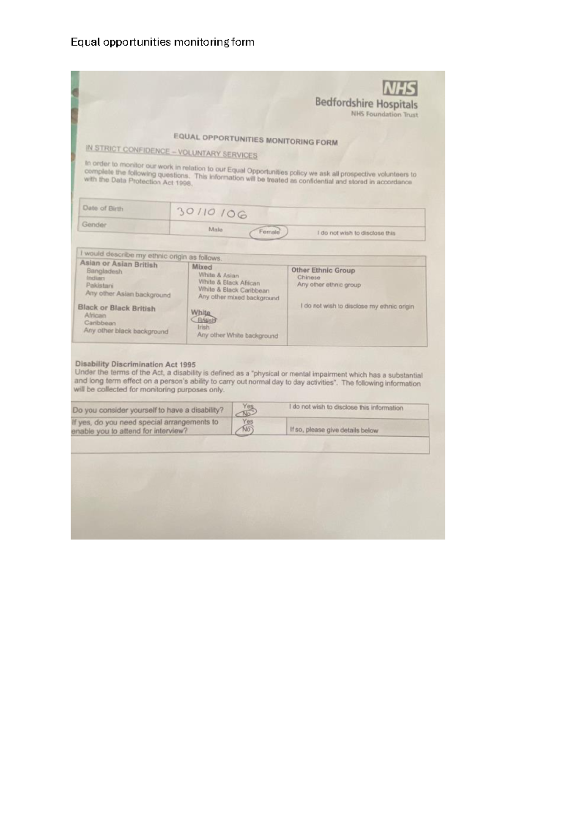 Equal opportunities monitoring form - This information will be treated as confidential and ...