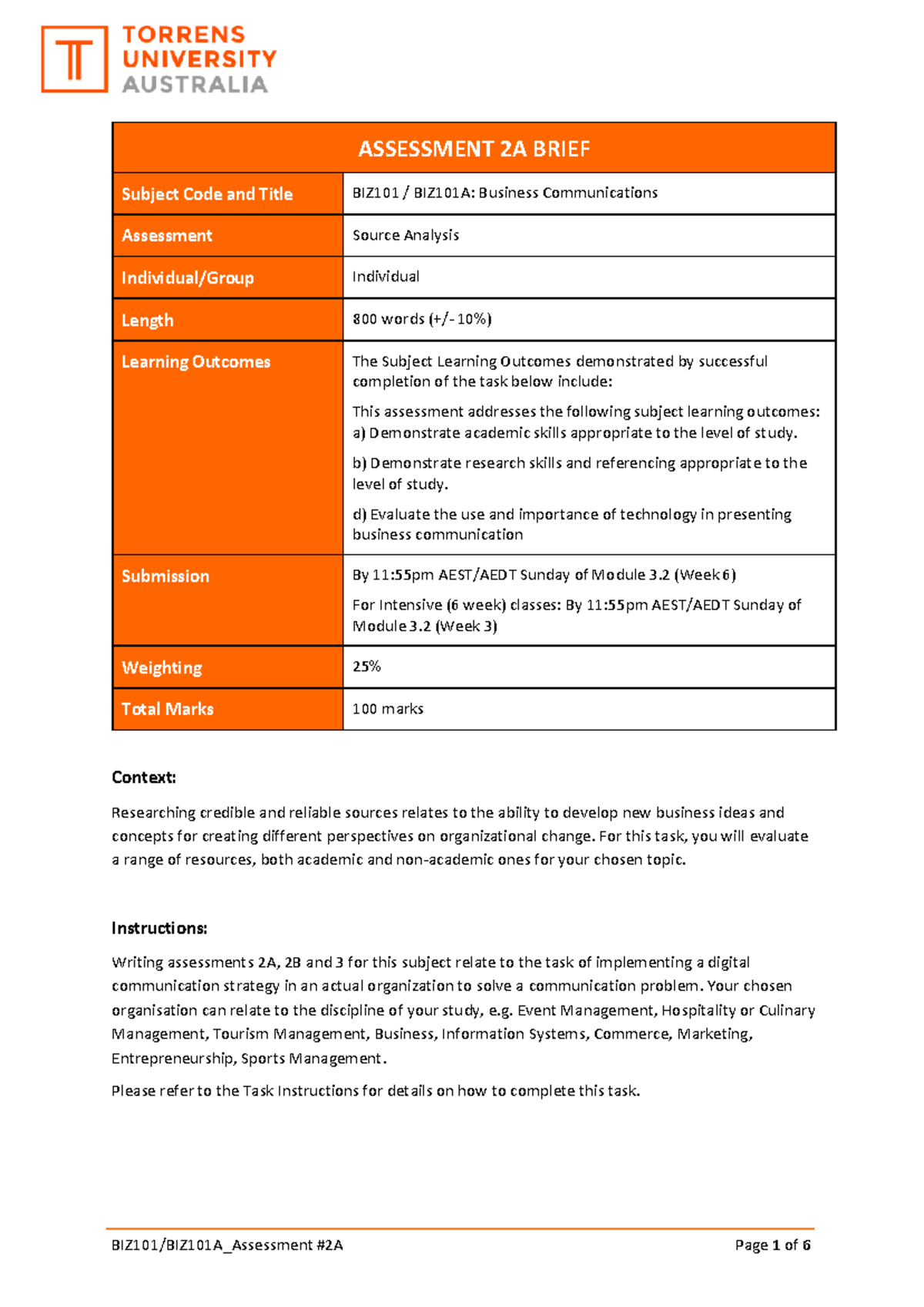 BIZ101 A Assessment 2A Brief (Nov 2022 - LF) - BIZ101/BIZ101A ...