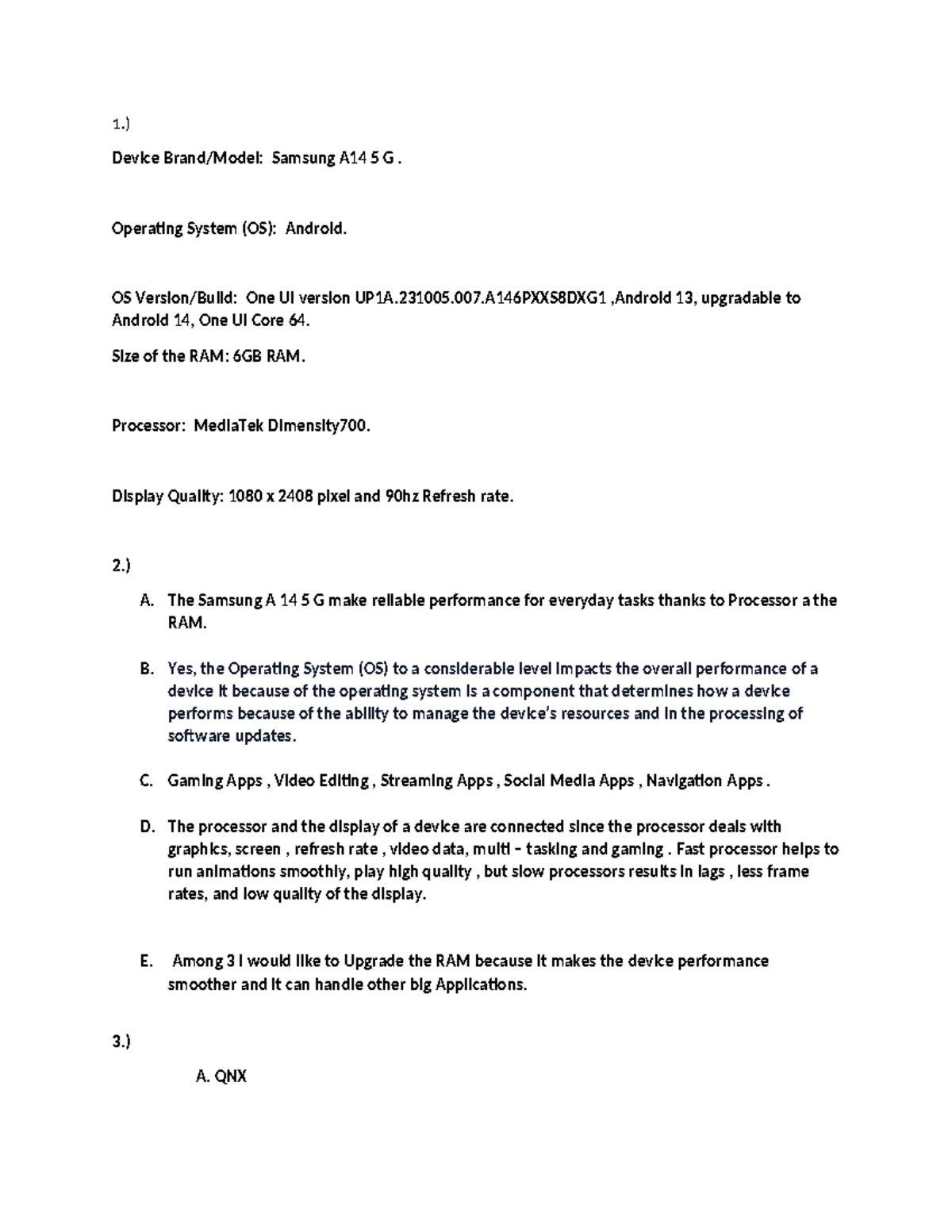 5 Plat tech - asdasdasdsa - 1.) Device Brand/Model: Samsung A14 5 G ...