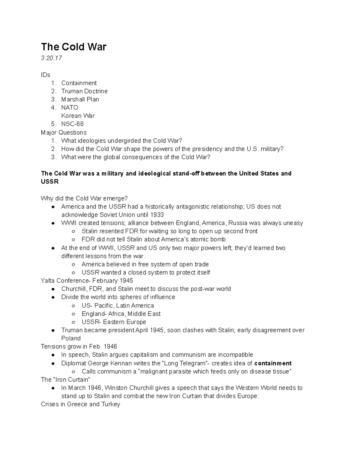 The Cold War - cold war notes - The Cold War 3. IDs 1. Containment 2 ...