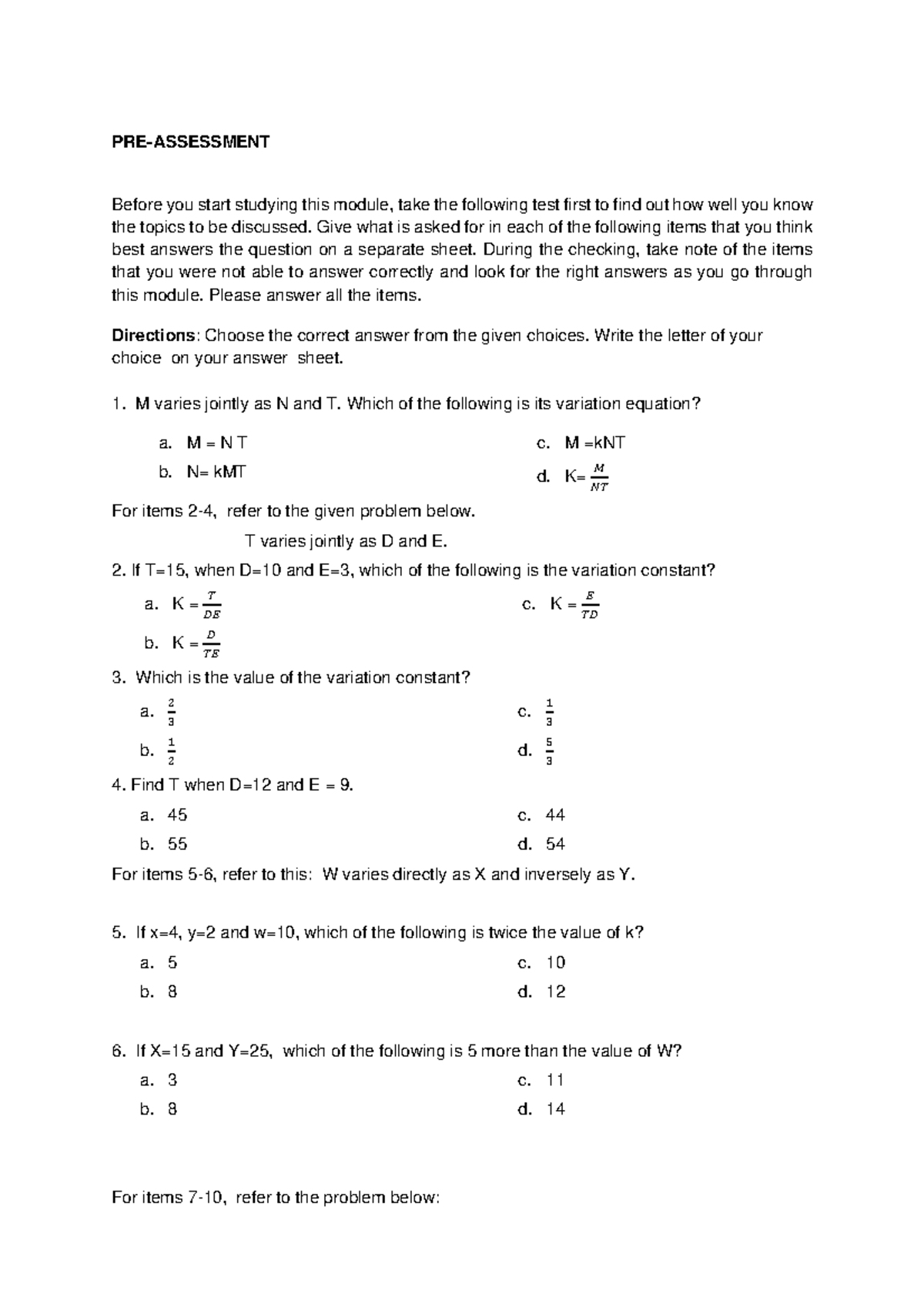 MATH 9 - Lesson 2 Joint Variation - PRE-ASSESSMENT Before you start ...