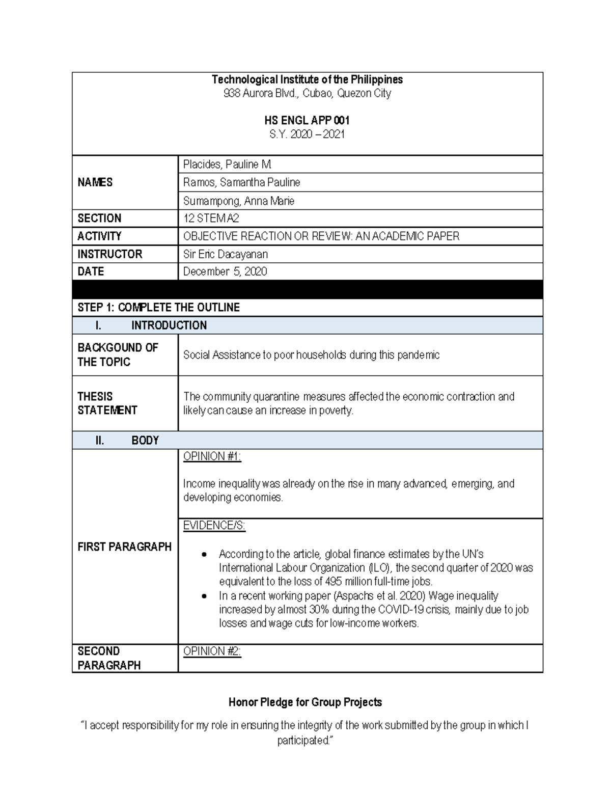 Final- Objective- Review- Reaction- Paper- Template - Honor Pledge for ...