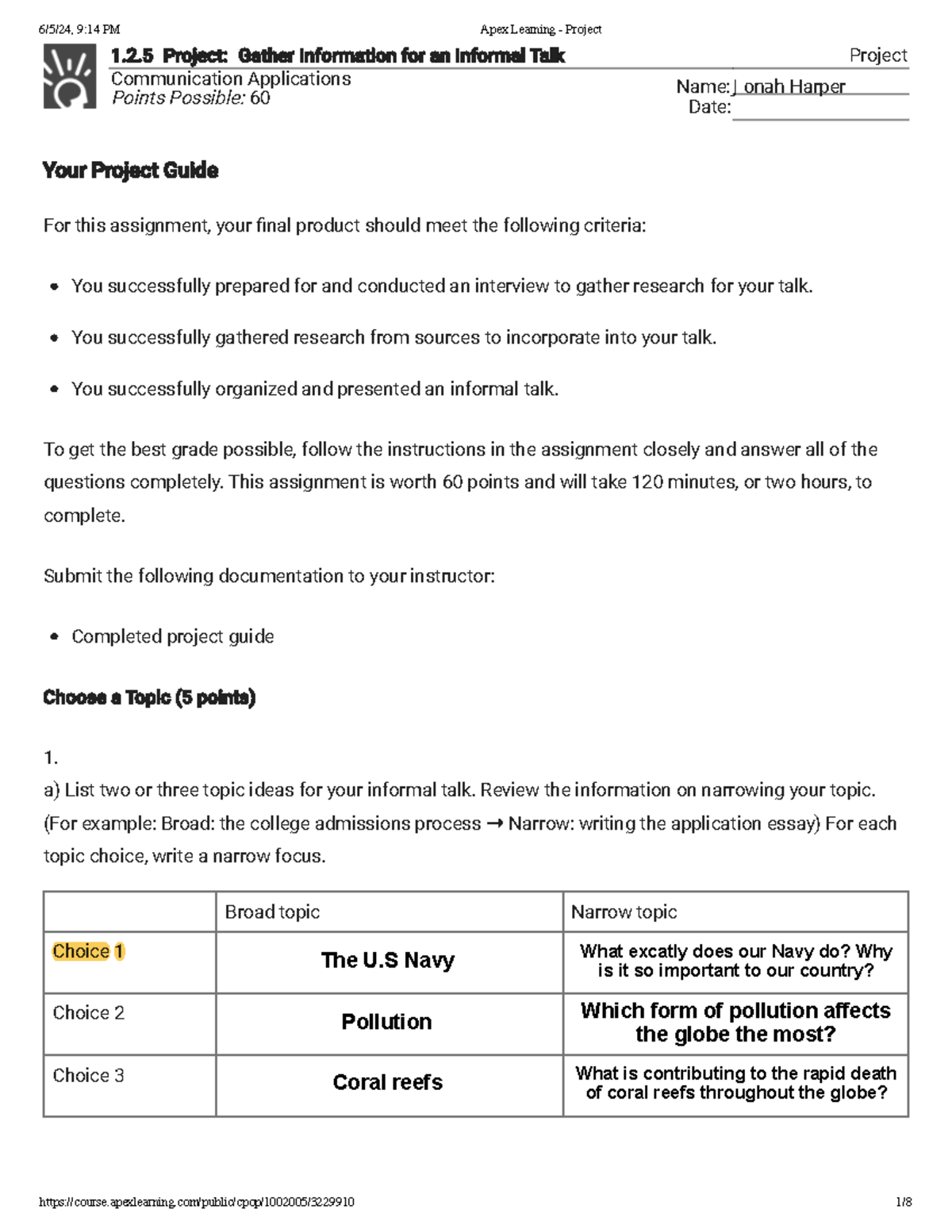 Apex Learning - Project - 1.2 Project: Gather Information for an ...
