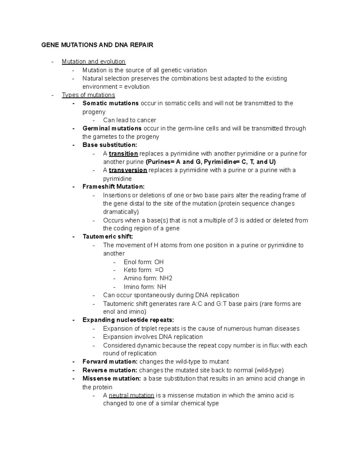 Gene mutations and DNA repair notes - GENE MUTATIONS AND DNA REPAIR ...