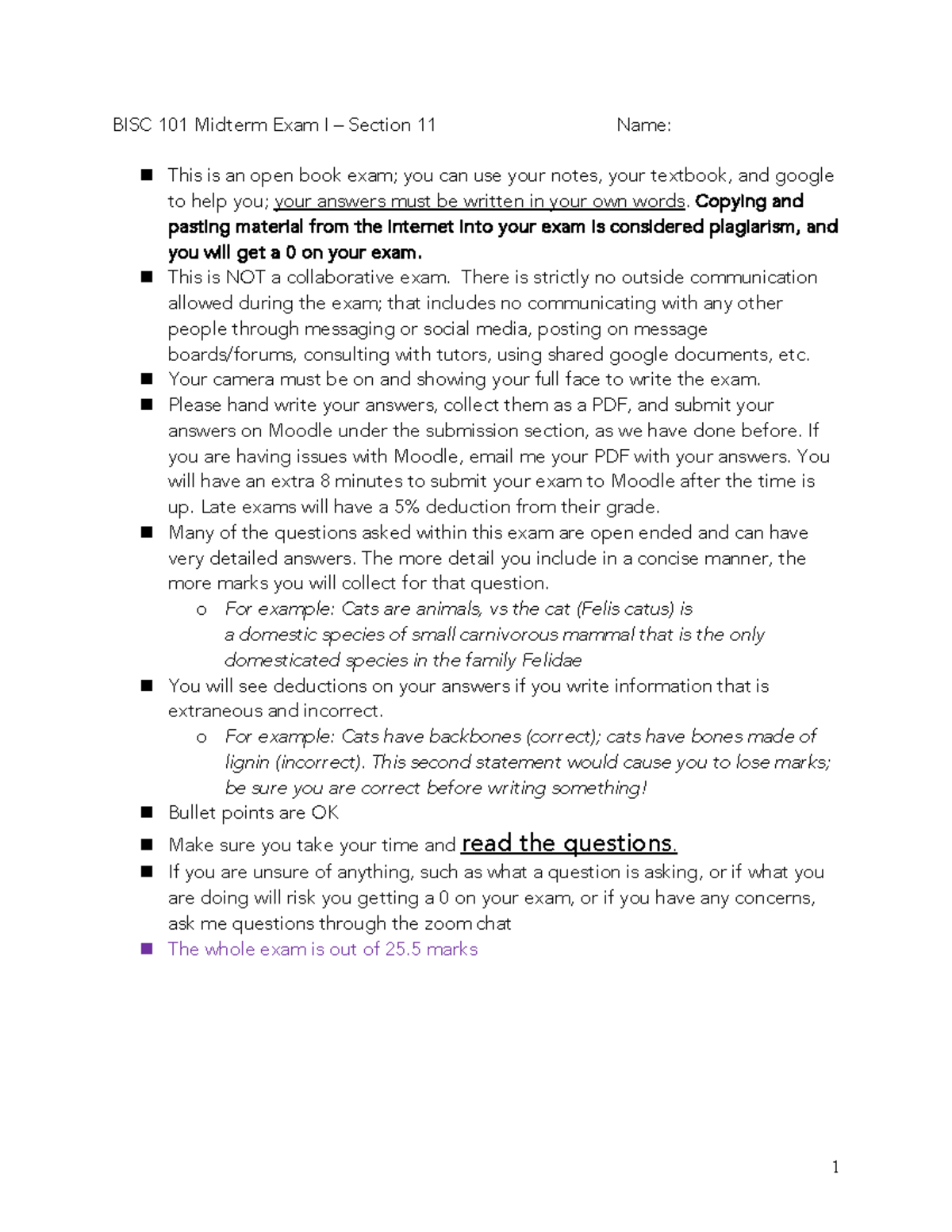 BISC 101 Midterm Exam I - Copying and pasting material from the ...