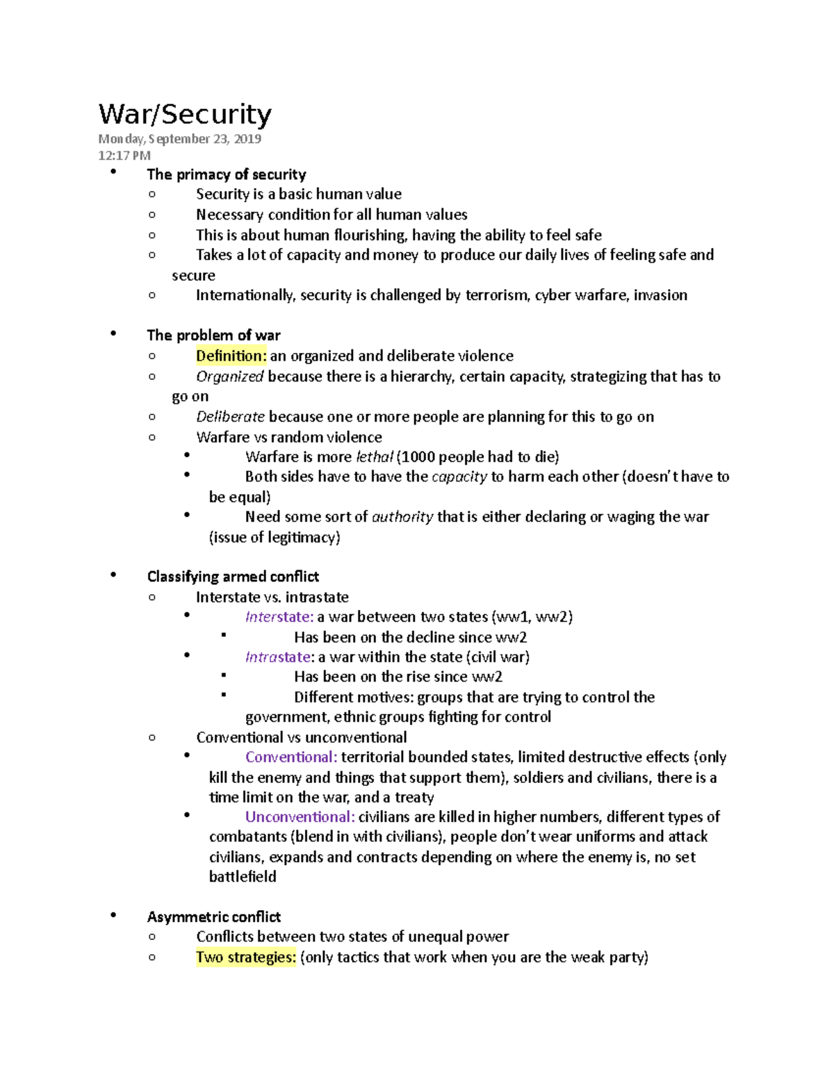 War and Security - War/Security Monday, September 23, 2019 12:17 PM The ...