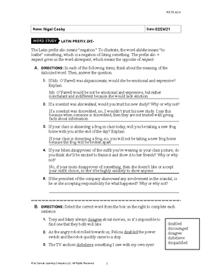 J. Dillard, Latin Prefix (dis-) - RETEACH Name: Jacari Dillard Date: 2 ...
