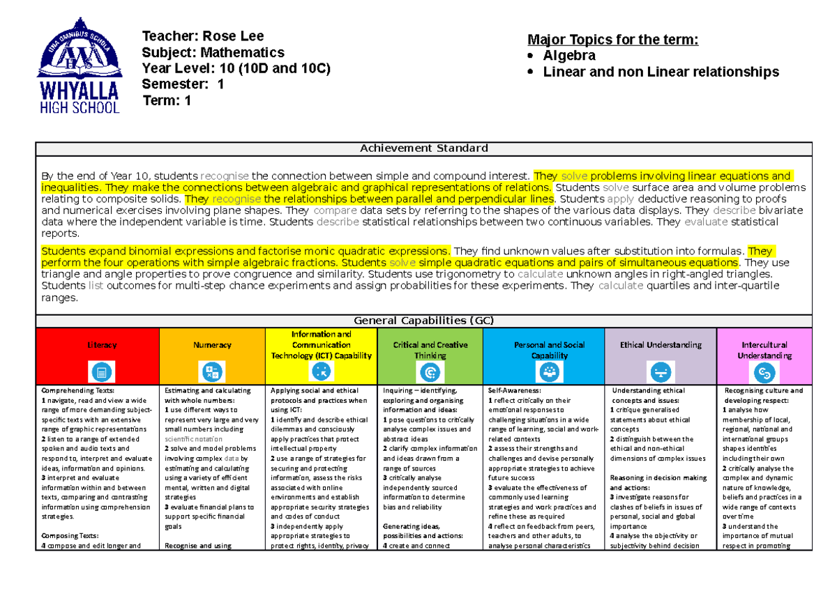 Year 10 Mathematics term 1 - Teacher: Rose Lee Subject: Mathematics ...