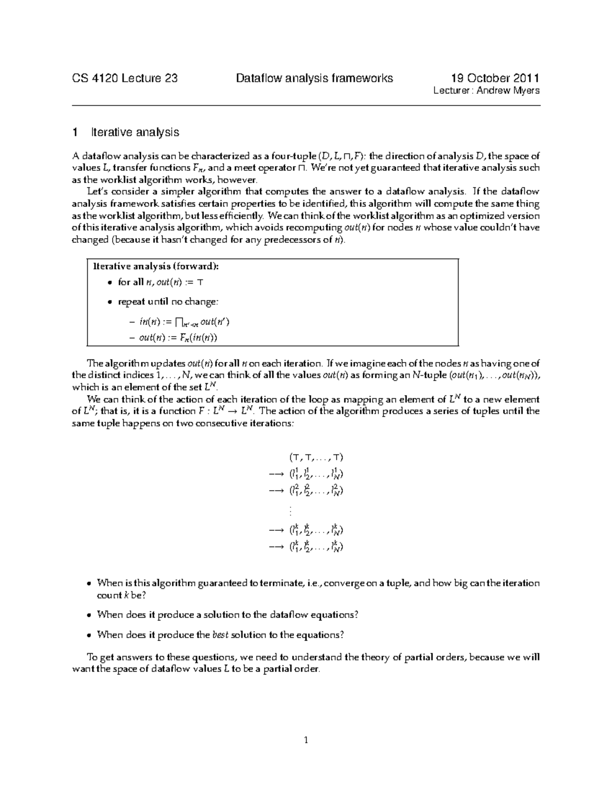 Lecture Notes Lecture 23 Cs 4120 Lecture 23 Dataflow Analysis Frameworks 19 October 2011