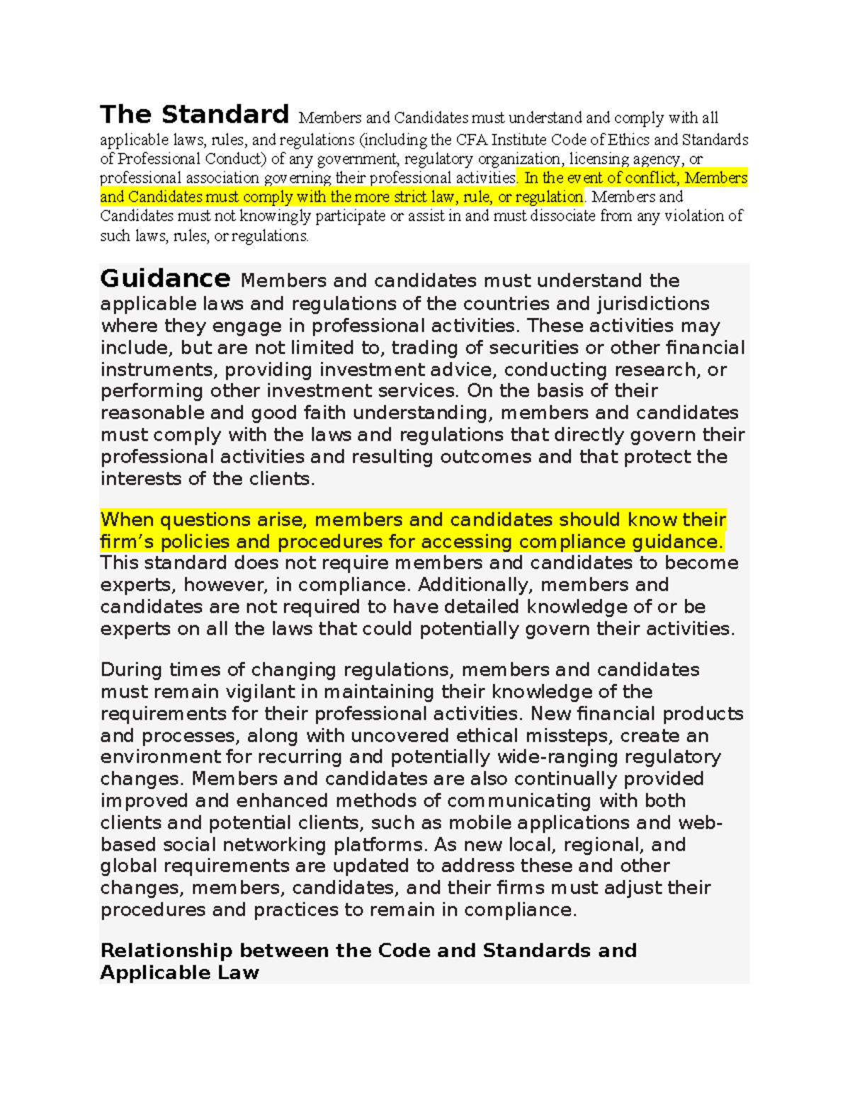 CFA Ethics 1A Knowledge Of The Law - The Standard Members and ...
