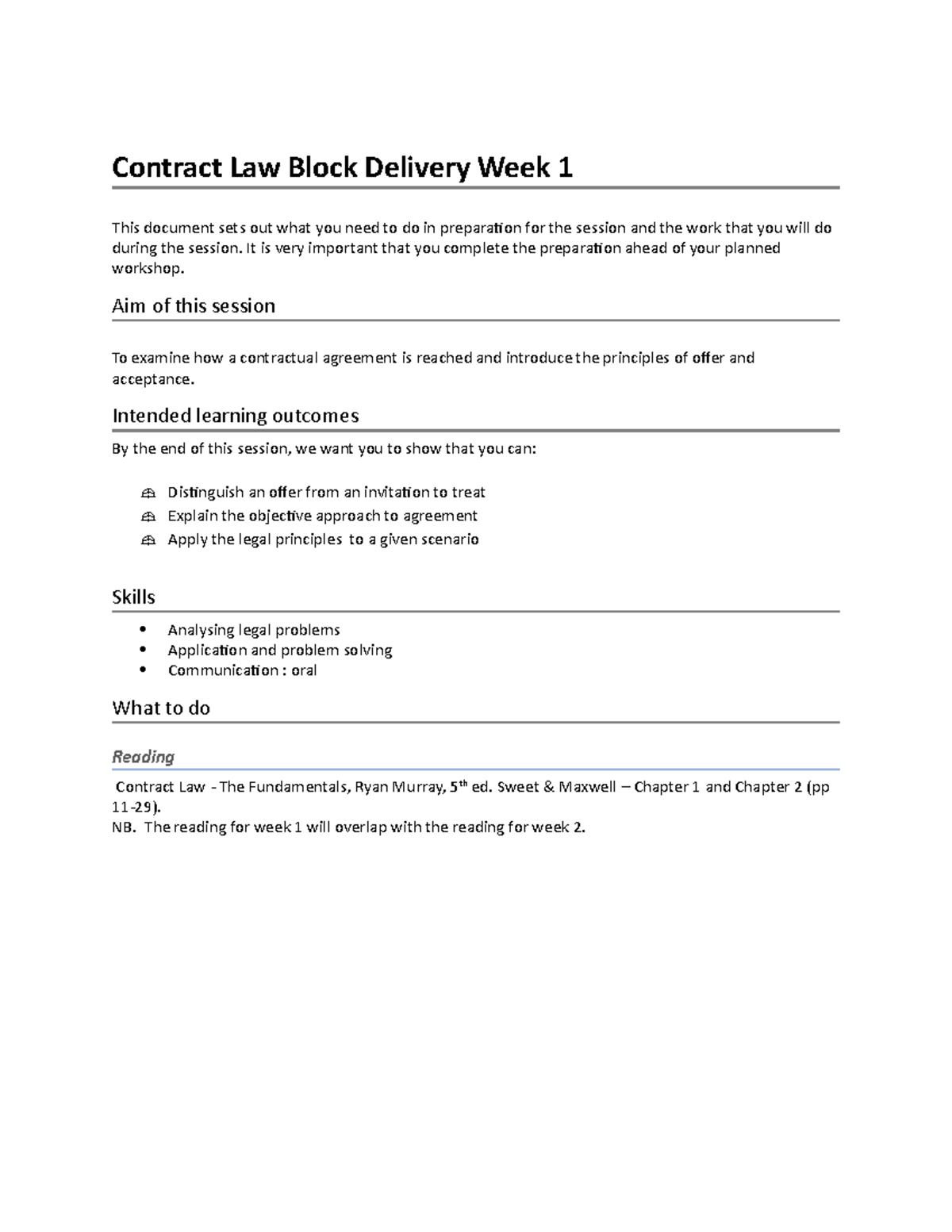 Programme of Study Block Week 1 Contract Law Agreement - Contract Law ...