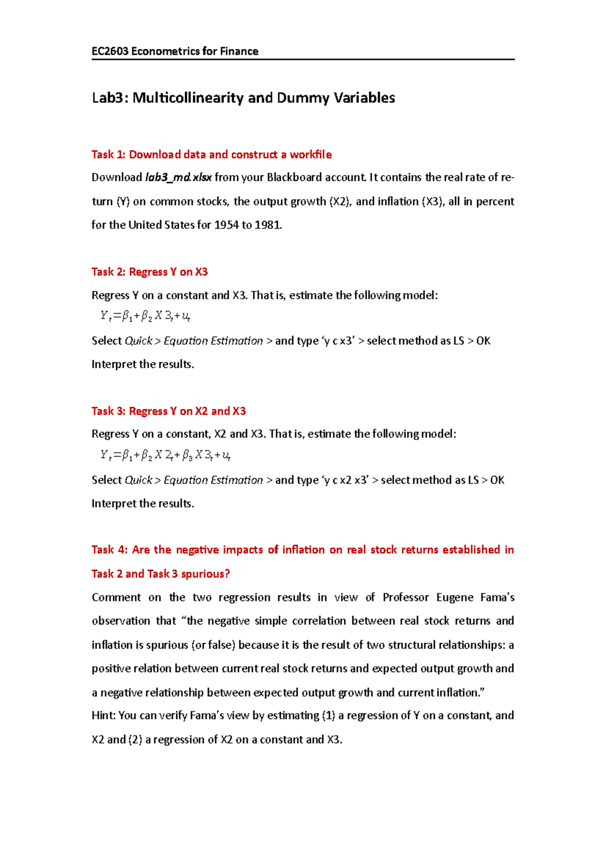 Lab3 - lab work - EC2603 Econometrics for Finance Lab3: Multicollinearity and Dummy Variables ...