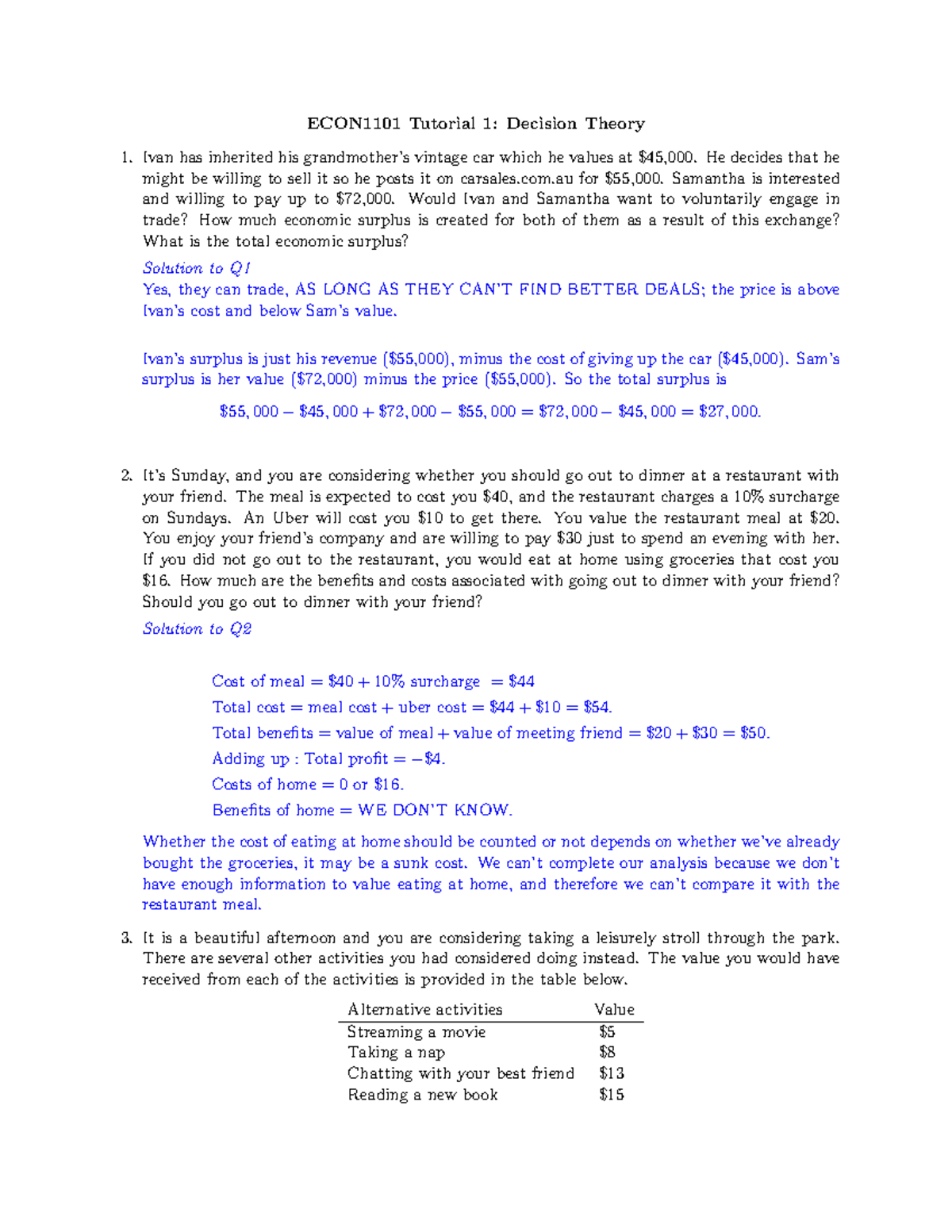 Micro Tutorial Complete Solutions - ECON1101 Tutorial 1: Decision ...