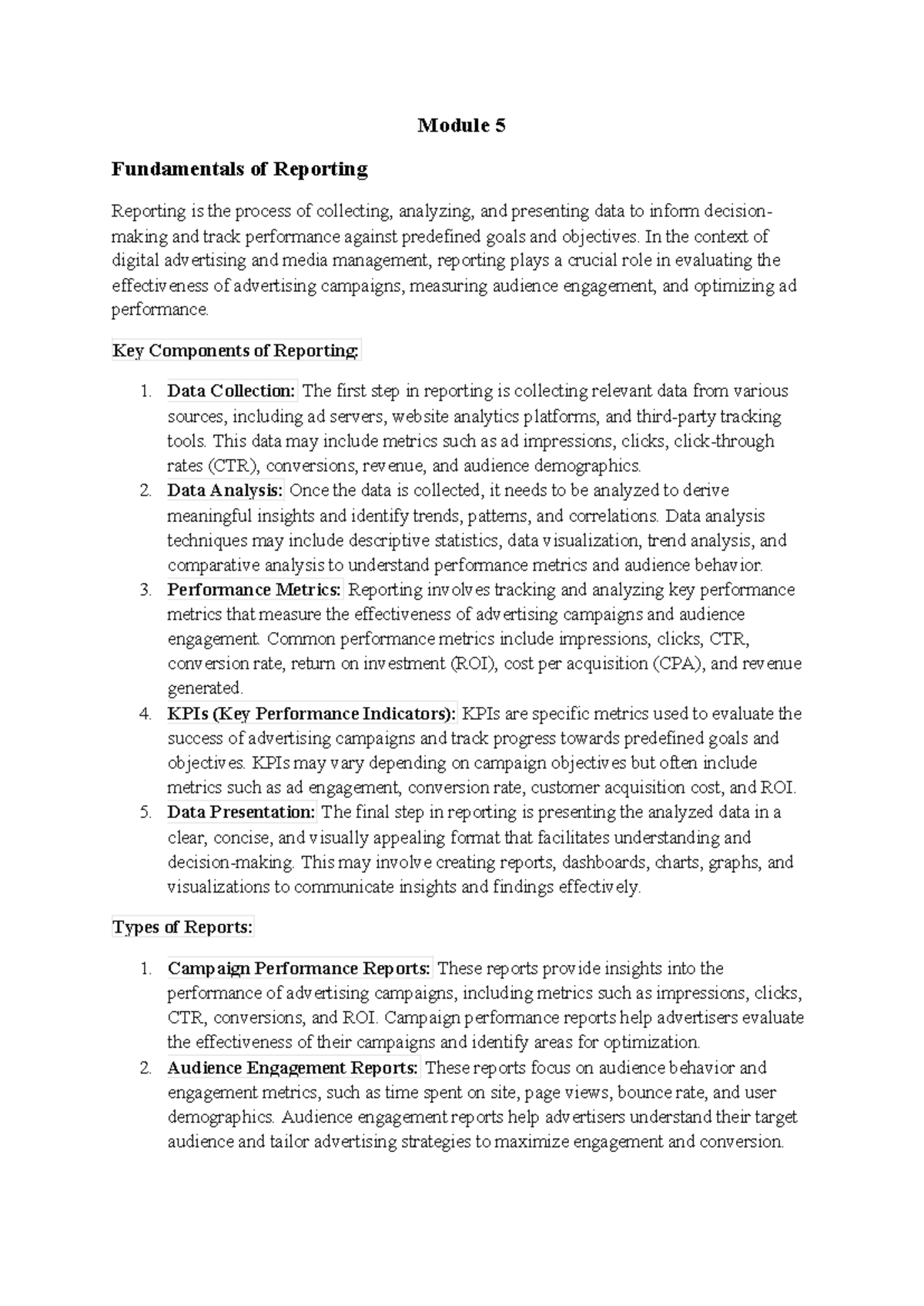 Module 5 - Latest - Module 5 Fundamentals of Reporting Reporting is the ...