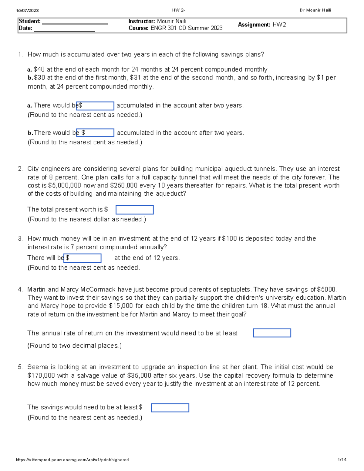 ENGR 301-SS2-Assignment#02 - 15/07/2023 HW 2- Dr Mounir Naili - Studocu