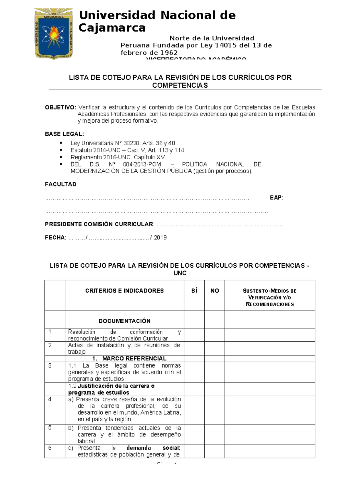 Lista Cotejo- Revision- Diseños Curriculares-UNC - Cajamarca Norte de ...