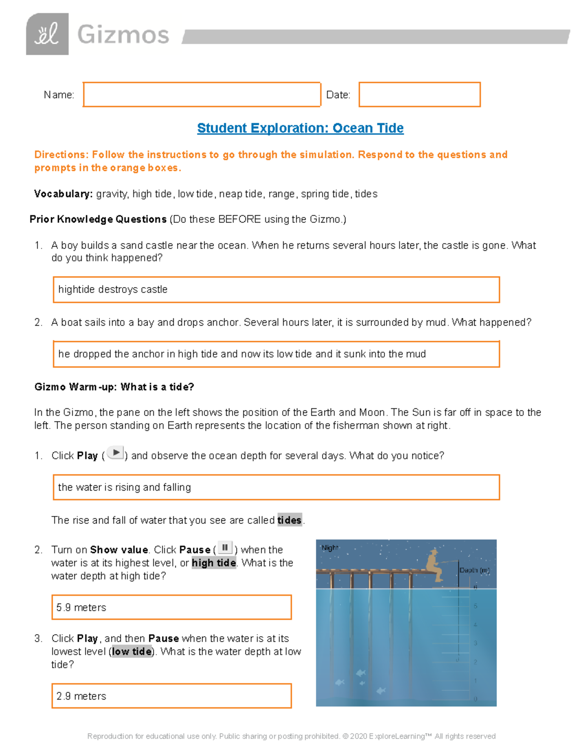 Copy of Ocean Tides SE - Name: Date: Student Exploration: Ocean Tide ...