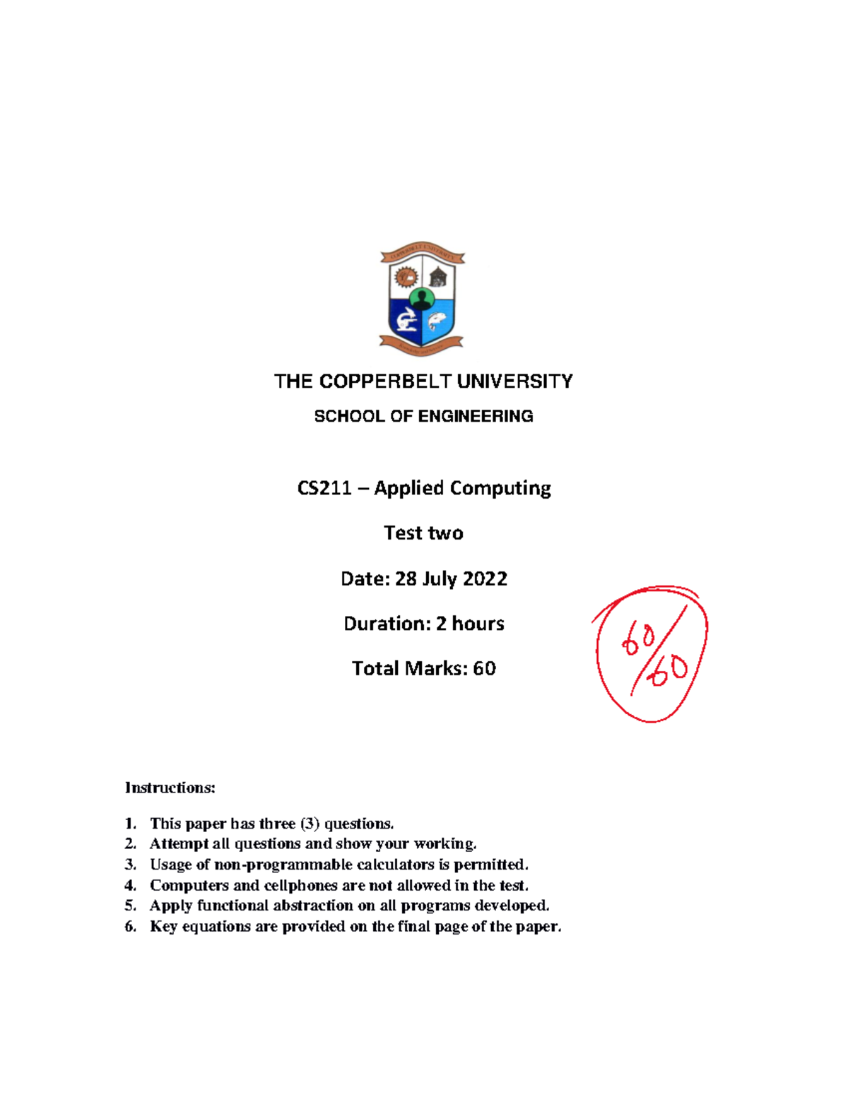 CS211 Test two 2007 2022 solution marked - THE COPPERBELT UNIVERSITY ...