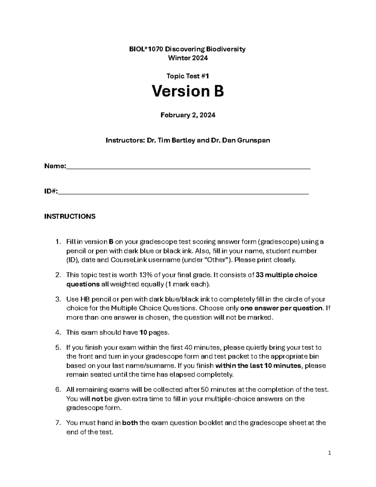 Topic Test 1 - W24 - BIOL 1070 - Version B - BIOL*1070 Discovering ...